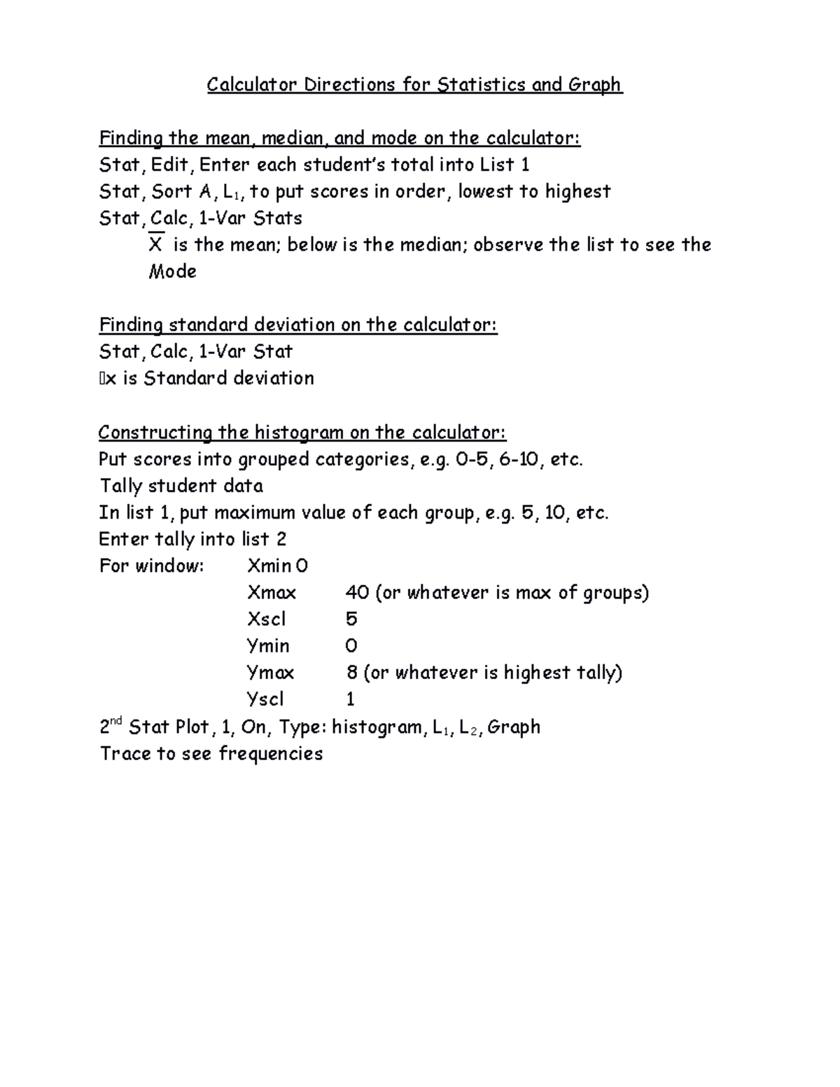 Calculator Directions - 0-5, 6-10, etc. Tally student data In list 1 ...