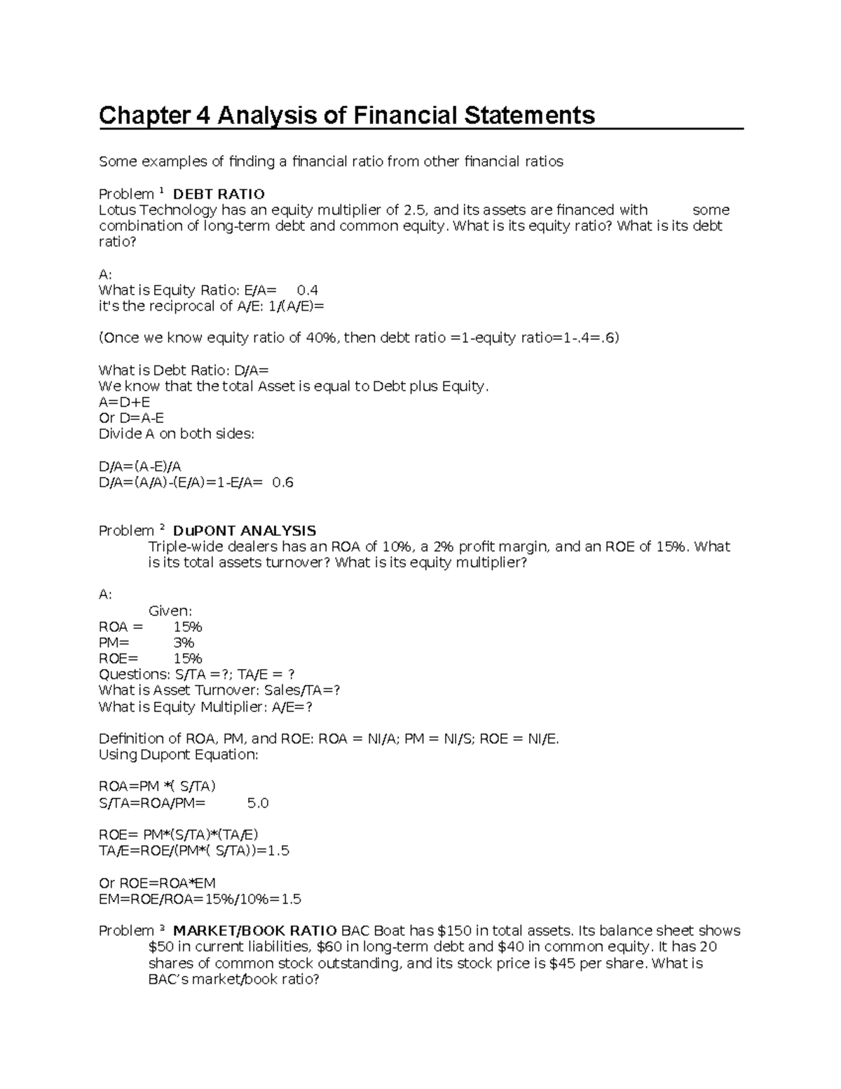 Chapter 4 note on financial ratio - Chapter 4 Analysis of Financial ...