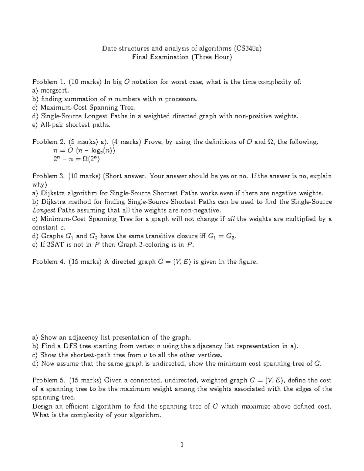 Cs3340 sample final - Date structures and analysis of algorithms (CS340a) Final Examination ...