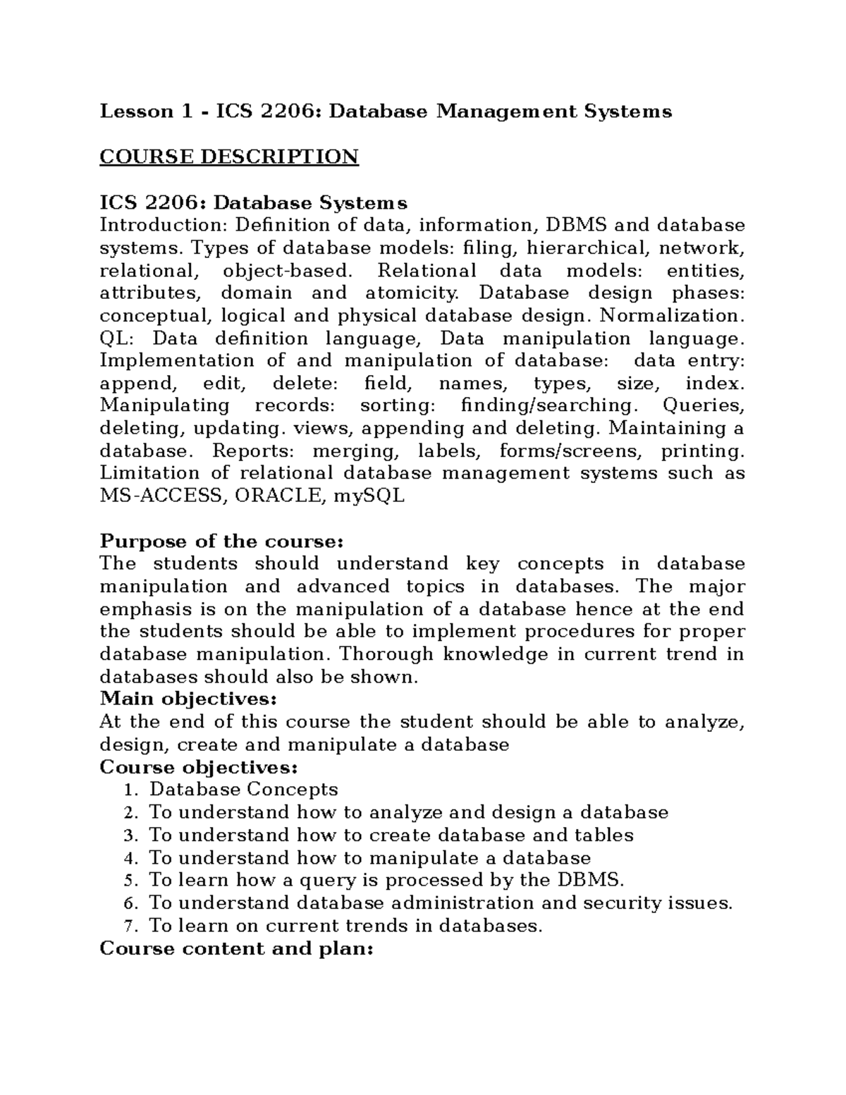 Database Management Notes - Lesson 1 - ICS 2206: Database Management ...
