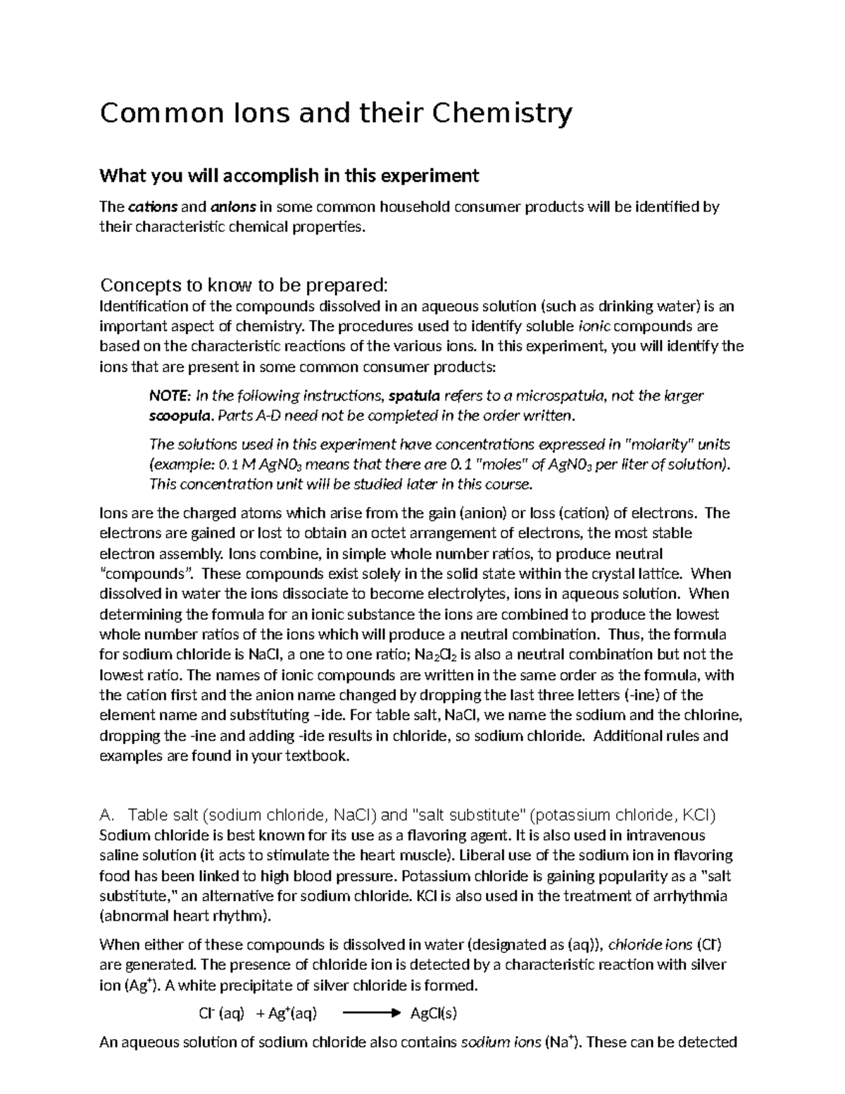 CHM 1151 Lab 4 Common Ions and their Chemistry 12718 ada - Common Ions ...
