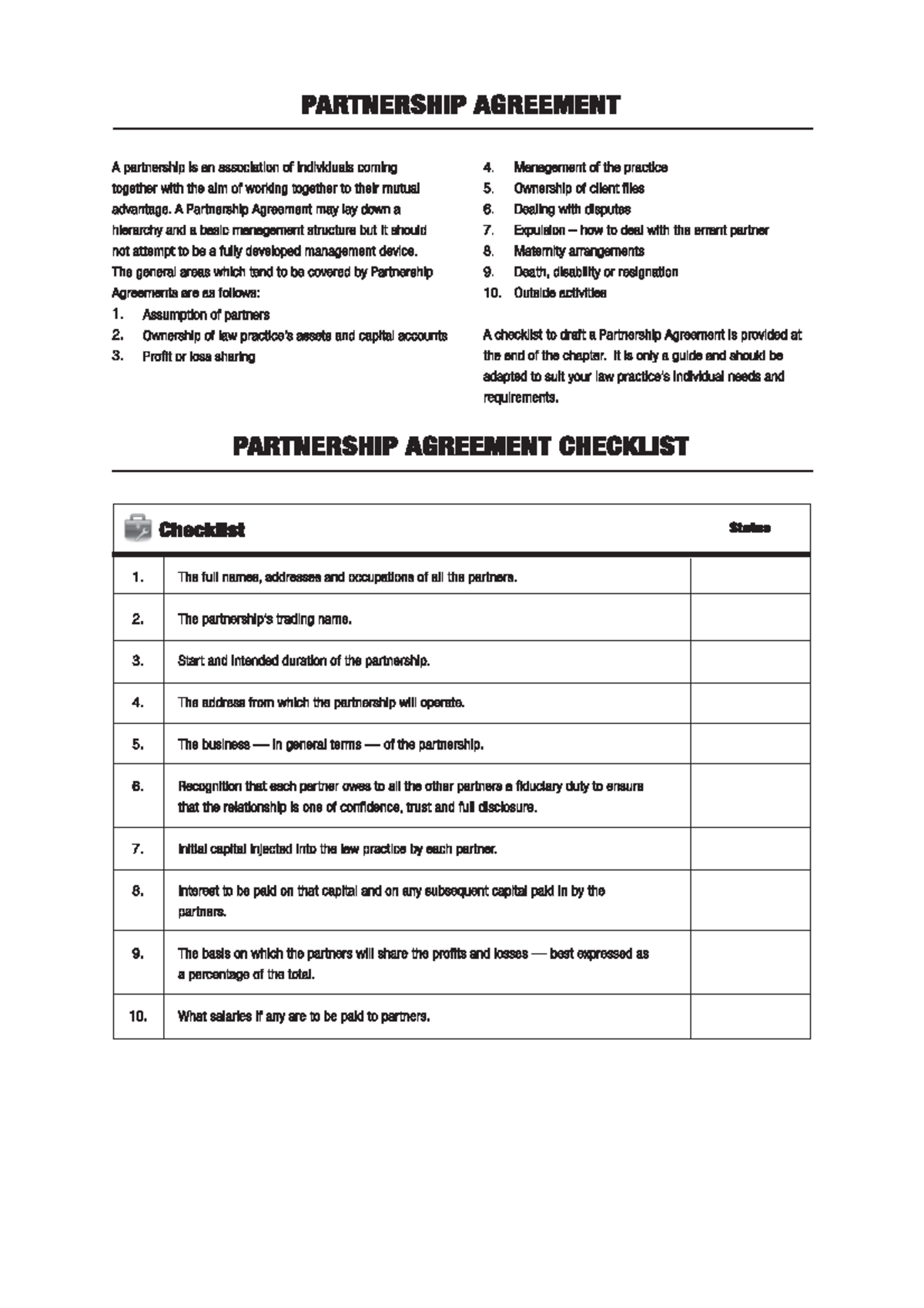 Partnership Checklist - PARTNERSHIP AGREEMENT A partnership is an ...