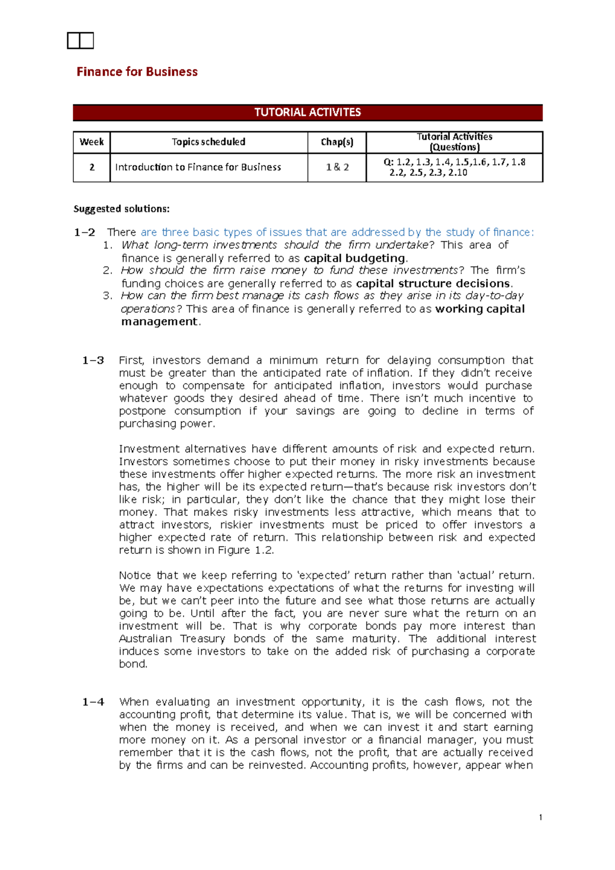 HI5002 Tutorial 1- Sol - Lecture notes 1 - Finance for Business ...