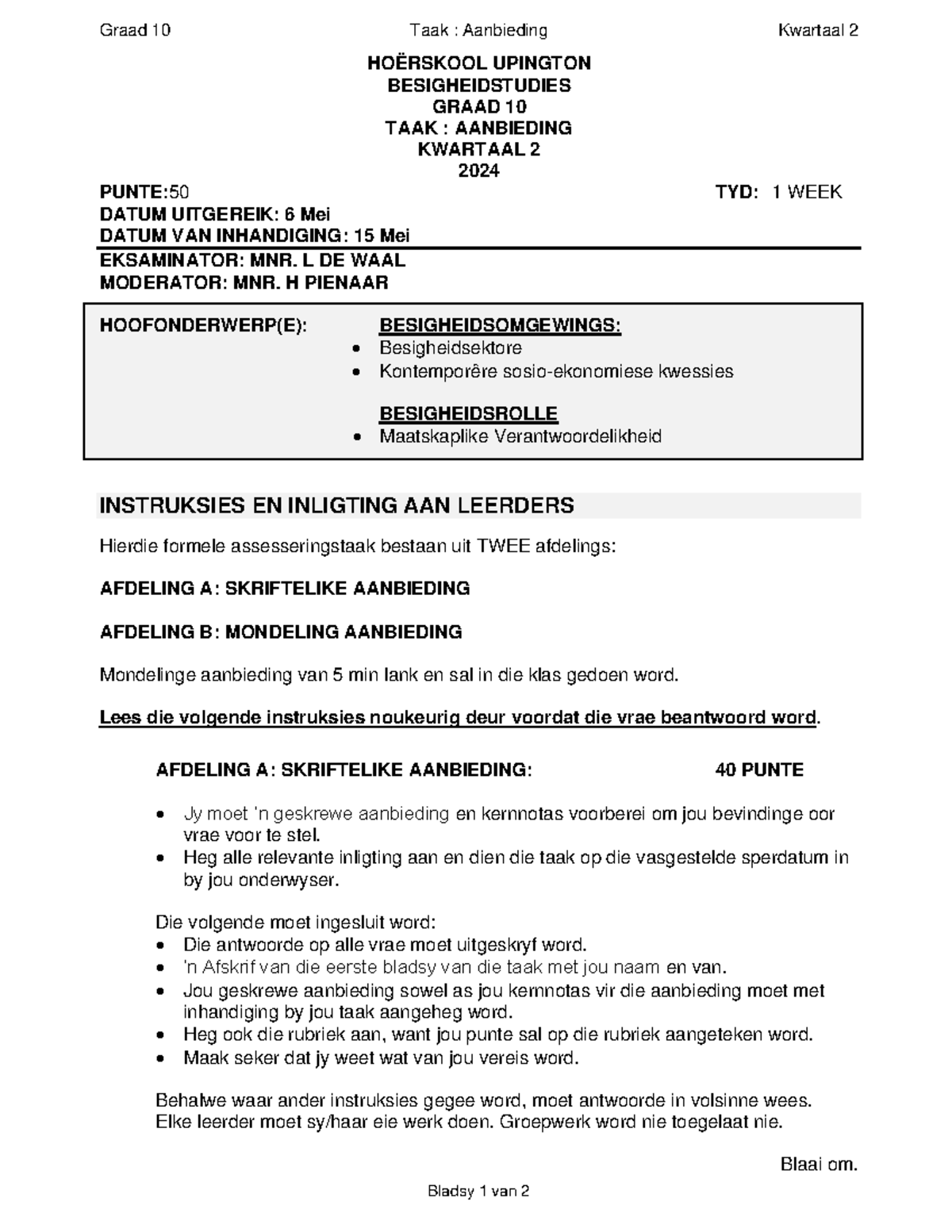 Besigheids - Summary - Graad 10 Taak : Aanbieding Kwartaal 2 Bladsy 1 ...