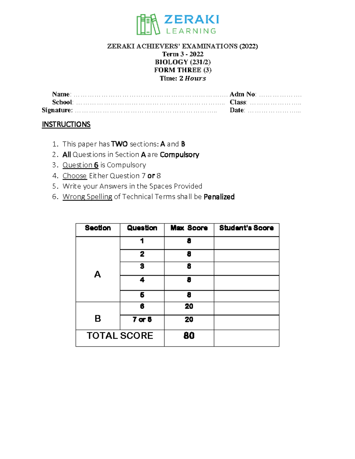 Undefined Biology PP2 FORM 3 - Question Paper - ZERAKI ACHIEVERS ...