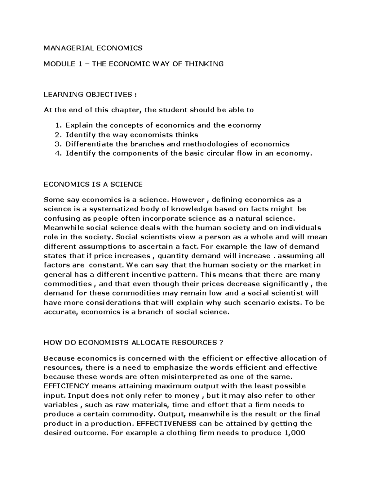 Module 1 - MANAGERIAL ECONOMICS MODULE 1 – THE ECONOMIC WAY OF THINKING ...