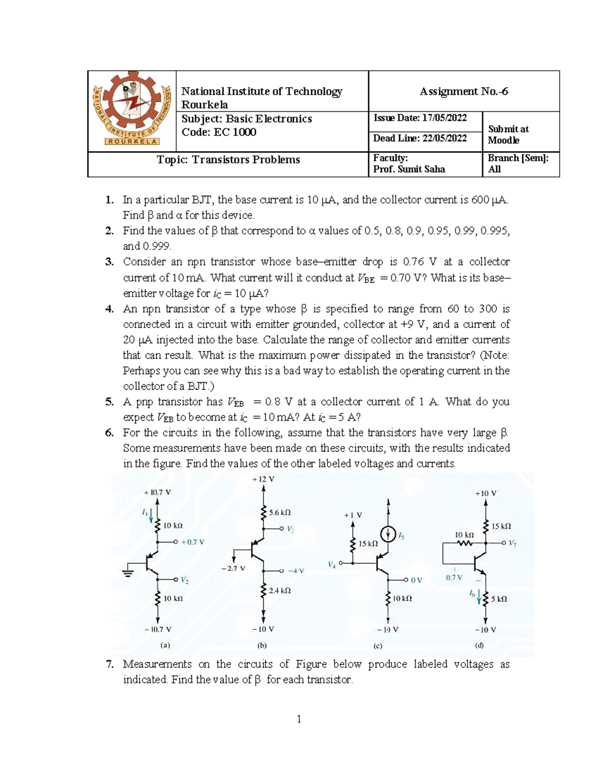 Assignemnt No 6 Transistors problems - National Institute of Technology ...