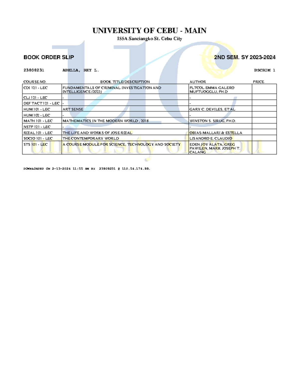 23808231242 Order Slip - UNIVERSITY OF CEBU - MAIN 155A Sanciangko St ...