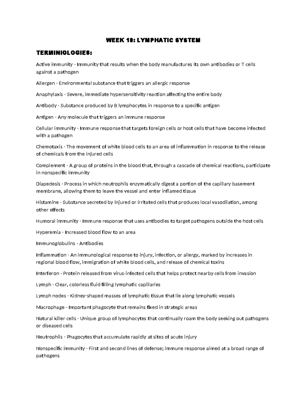 WEEK 17 Lymphatic System - WEEK 18: LYMPHATIC SYSTEM TERMINIOLOGIES ...