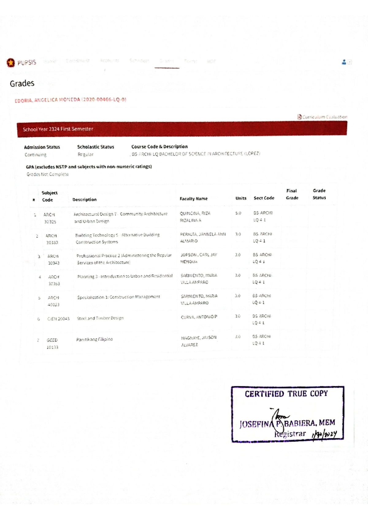 Edoria Grades - BS Architecture - Studocu