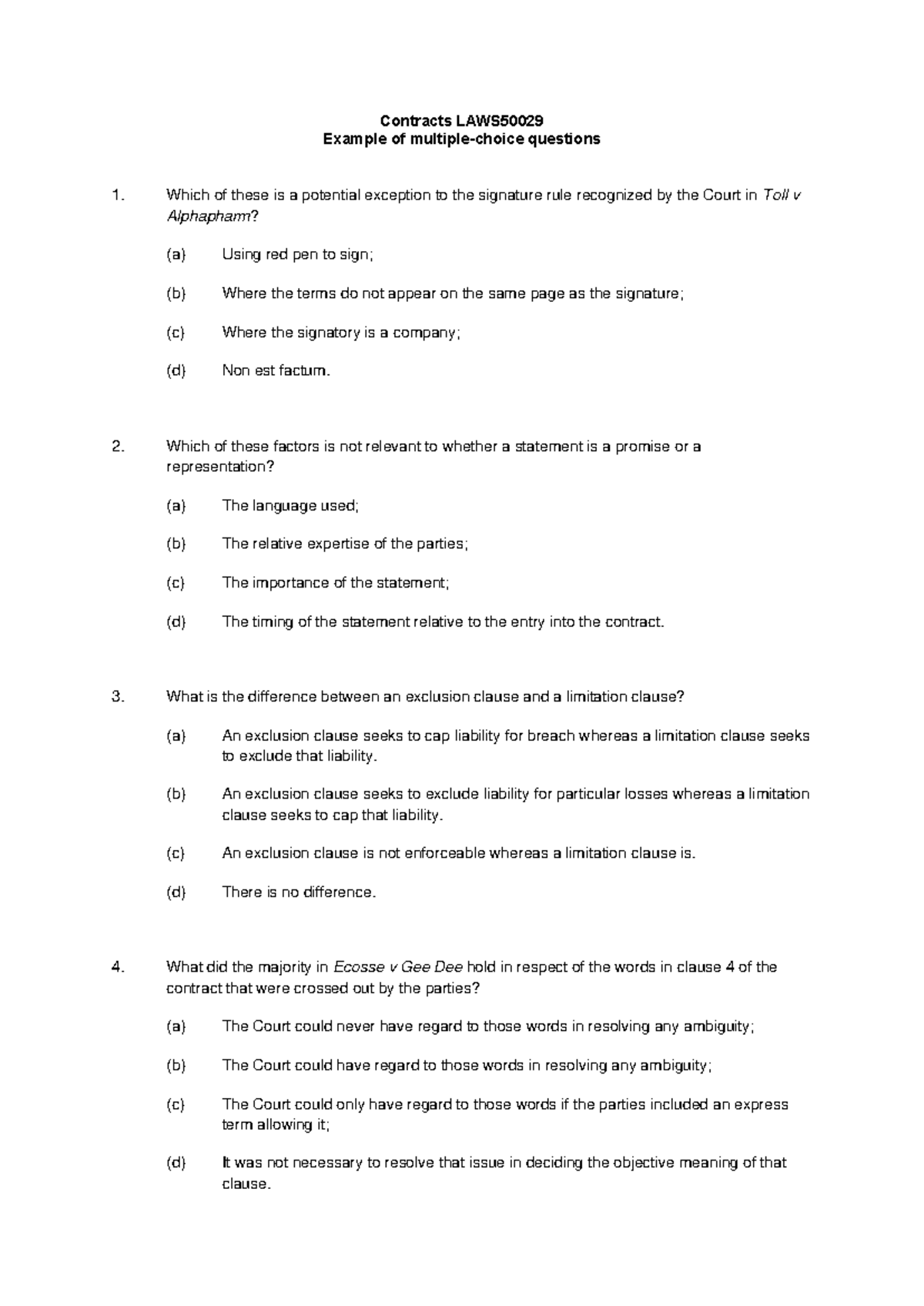 02 Example Contracts quiz questions - Contracts LAWS Example of multiple-choice questions Which ...