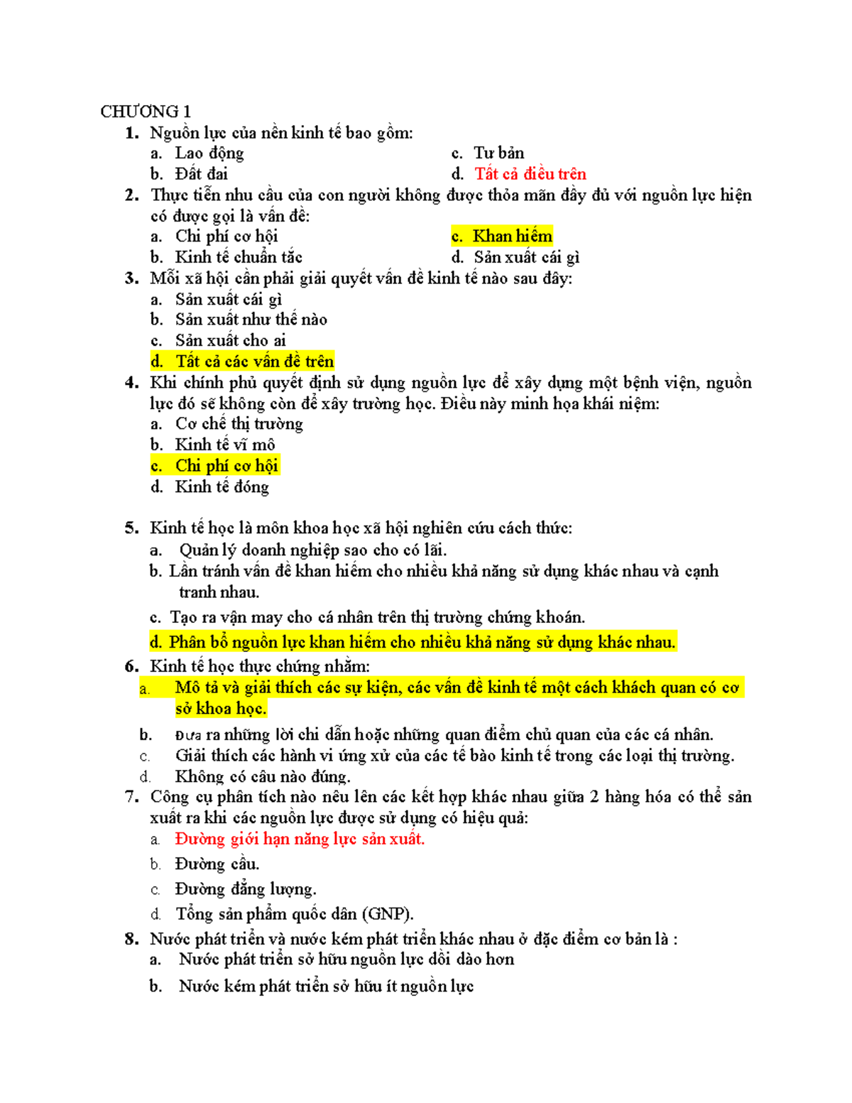 Trắc nghiệm KT vi mô - CH ̄¡NG 1 1. Nguồn lực cāa nền kinh tế bao gồm: a. Lao động c. T° bản b ...