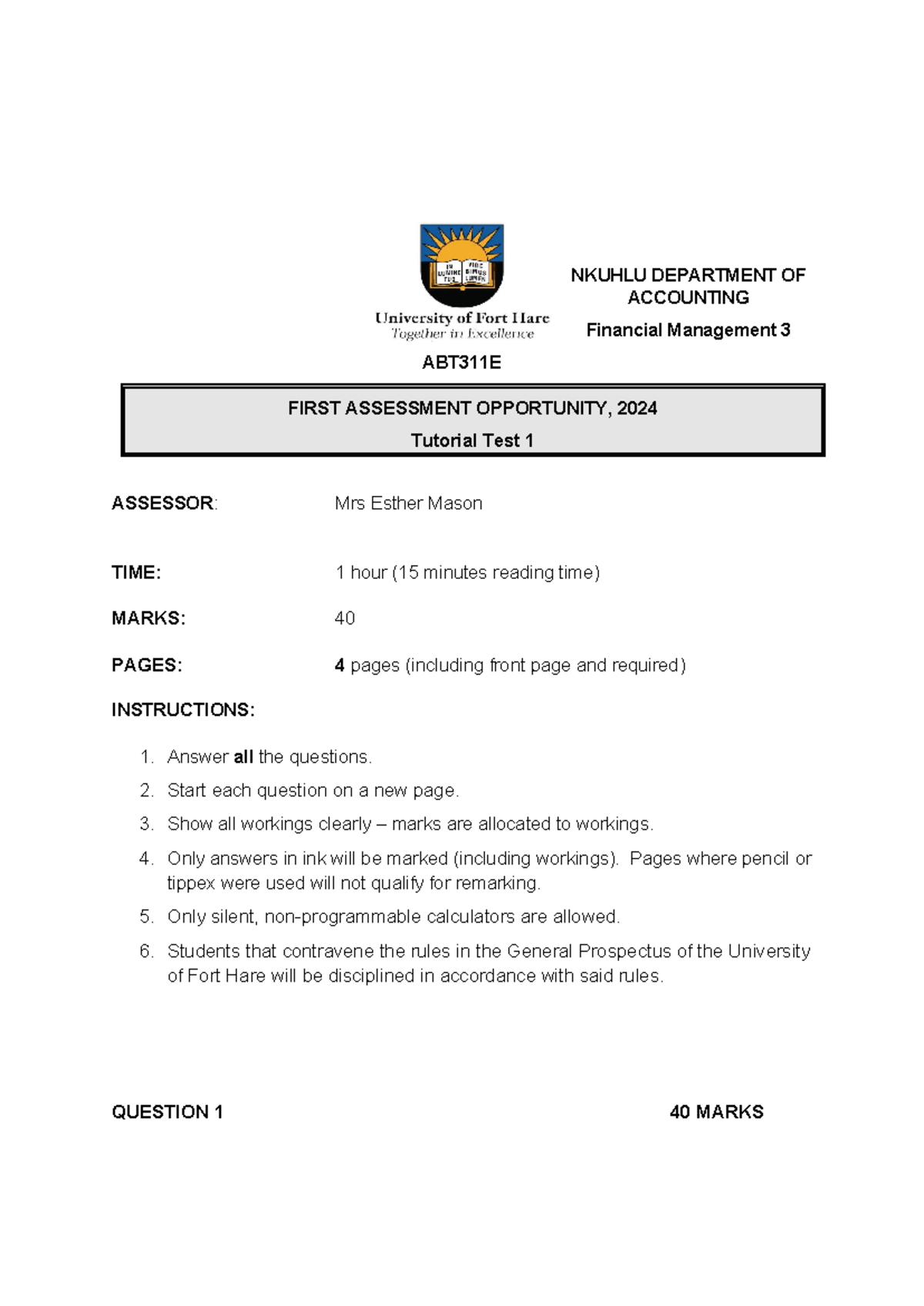 Tut test 1 Question 2024 - NKUHLU DEPARTMENT OF ACCOUNTING Financial ...
