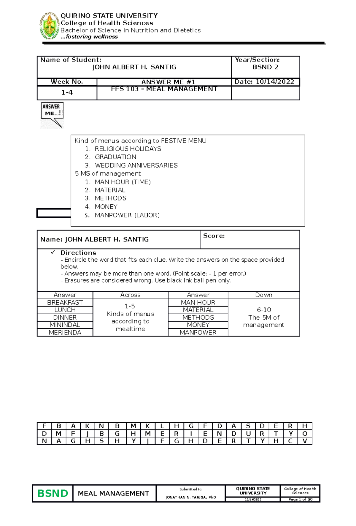 MEAL Management Answer KEY - College of Health Sciences Bachelor of ...