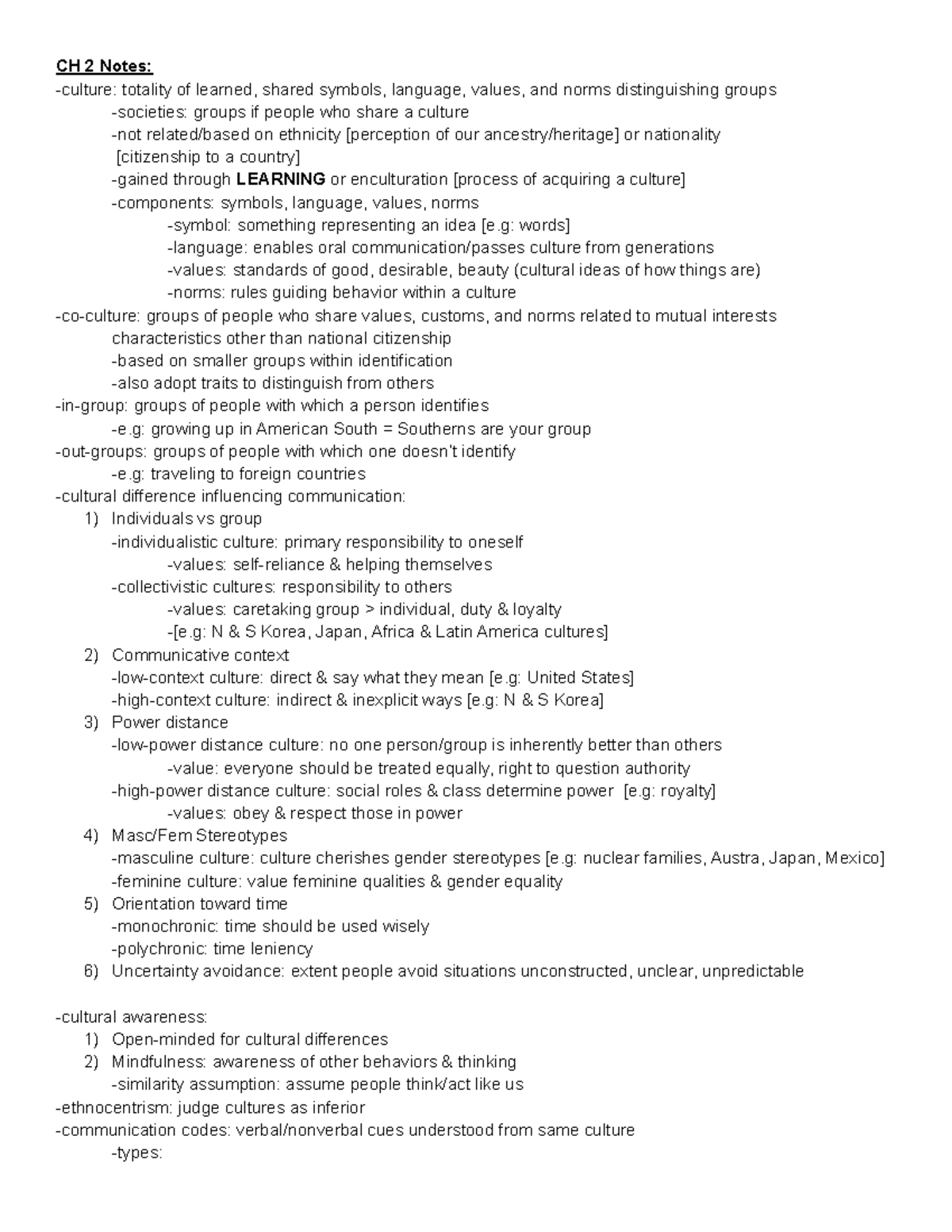 Comms 103 CH 2 Notes - CH 2 Notes: -culture: totality of learned ...