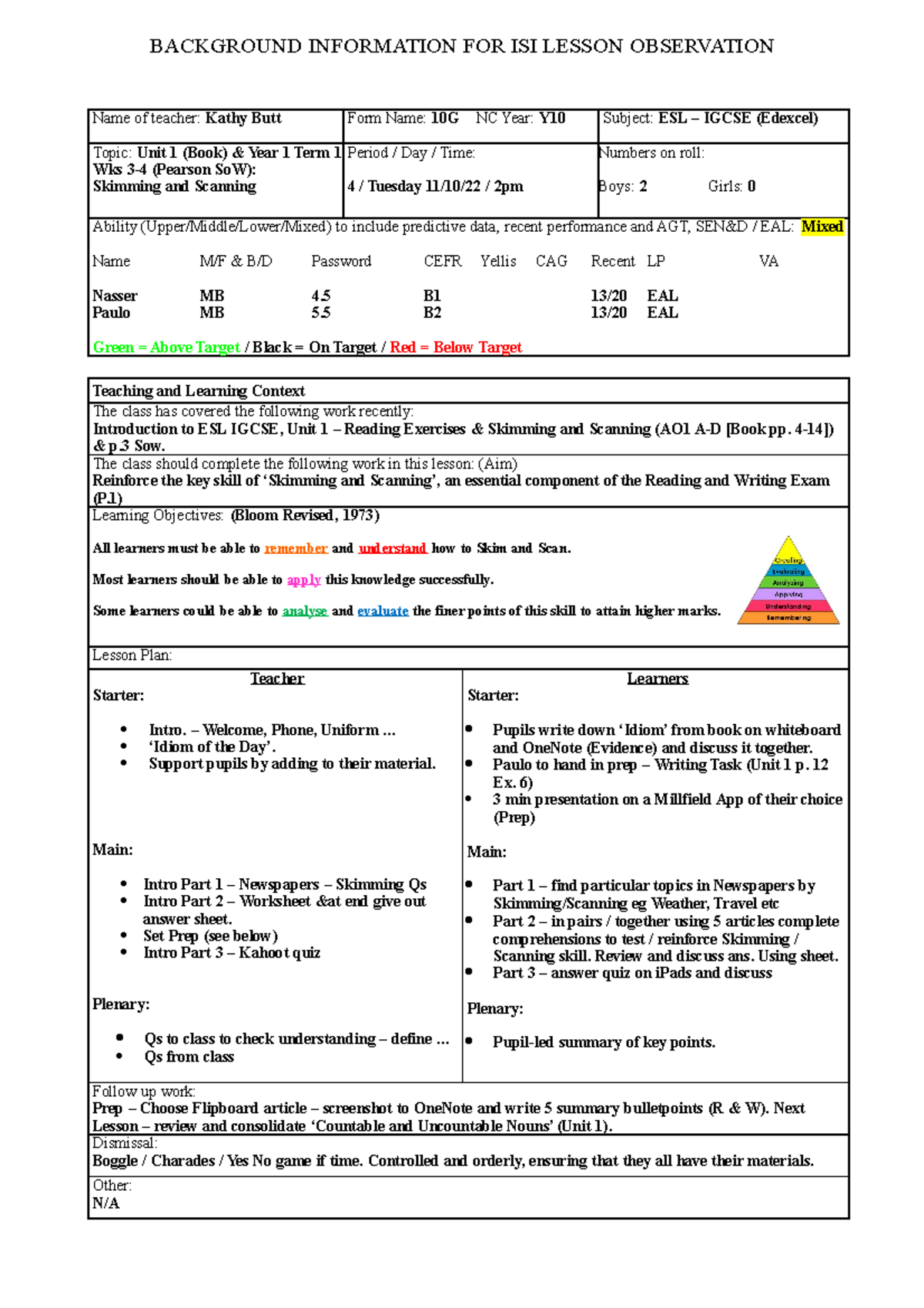 Lesson Plan - BACKGROUND INFORMATION FOR ISI LESSON OBSERVATION Name of ...