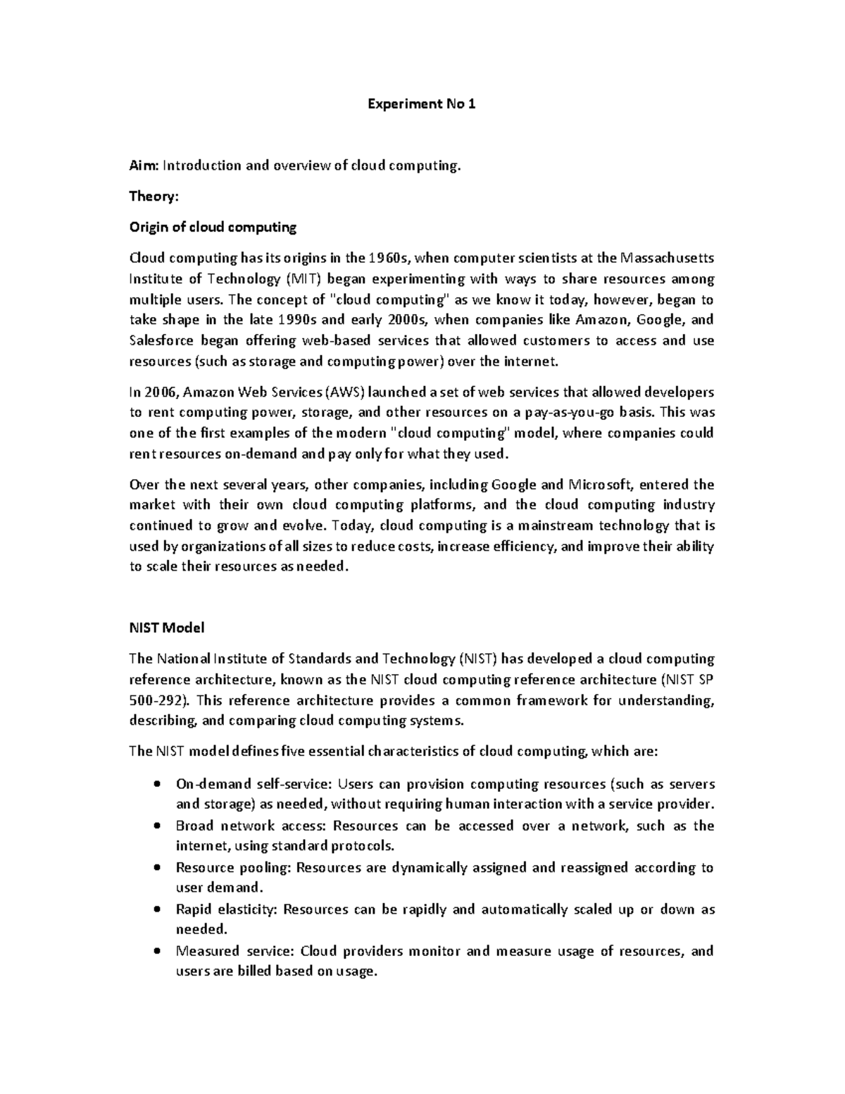 Ccl Expt 1 Ccl Experiment Experiment No 1 Aim Introduction And Overview Of Cloud Computing