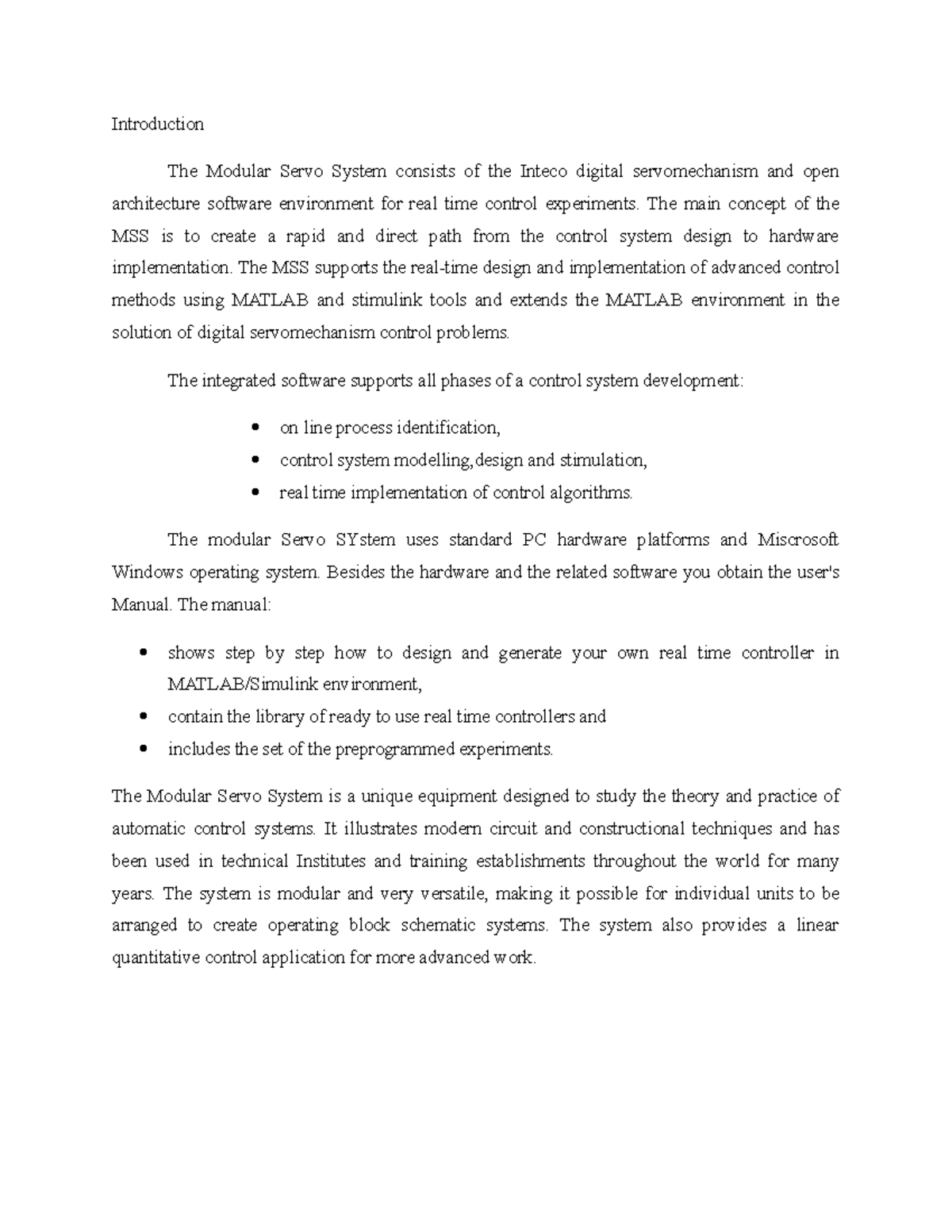 Report control - Introduction The Modular Servo System consists of the Inteco digital ...