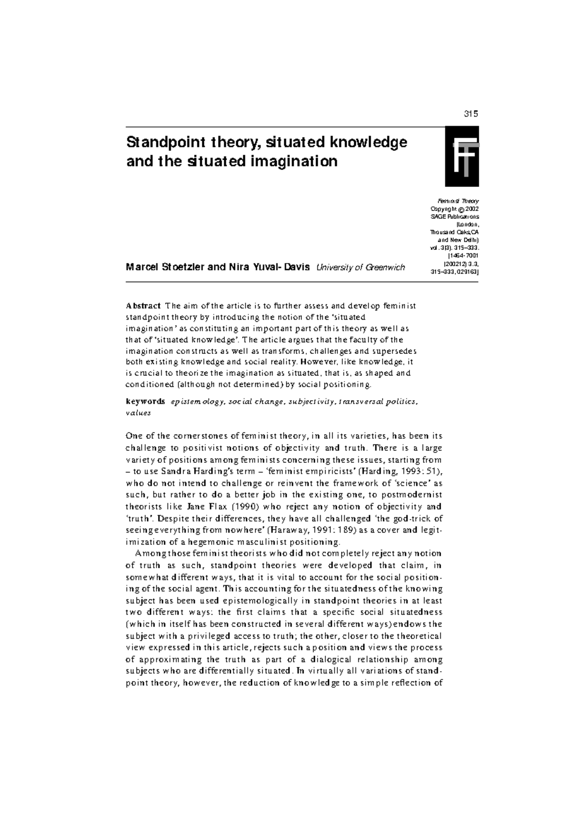 Stoetzler yuval davis 2002 standpoint theory situated knowledge and the ...