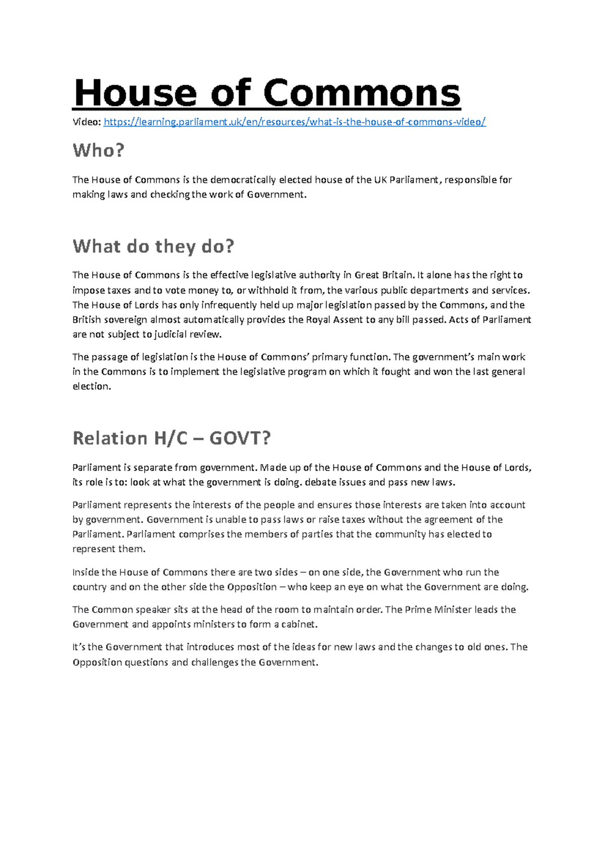 House of Commons - House of Commons Video: - Studocu