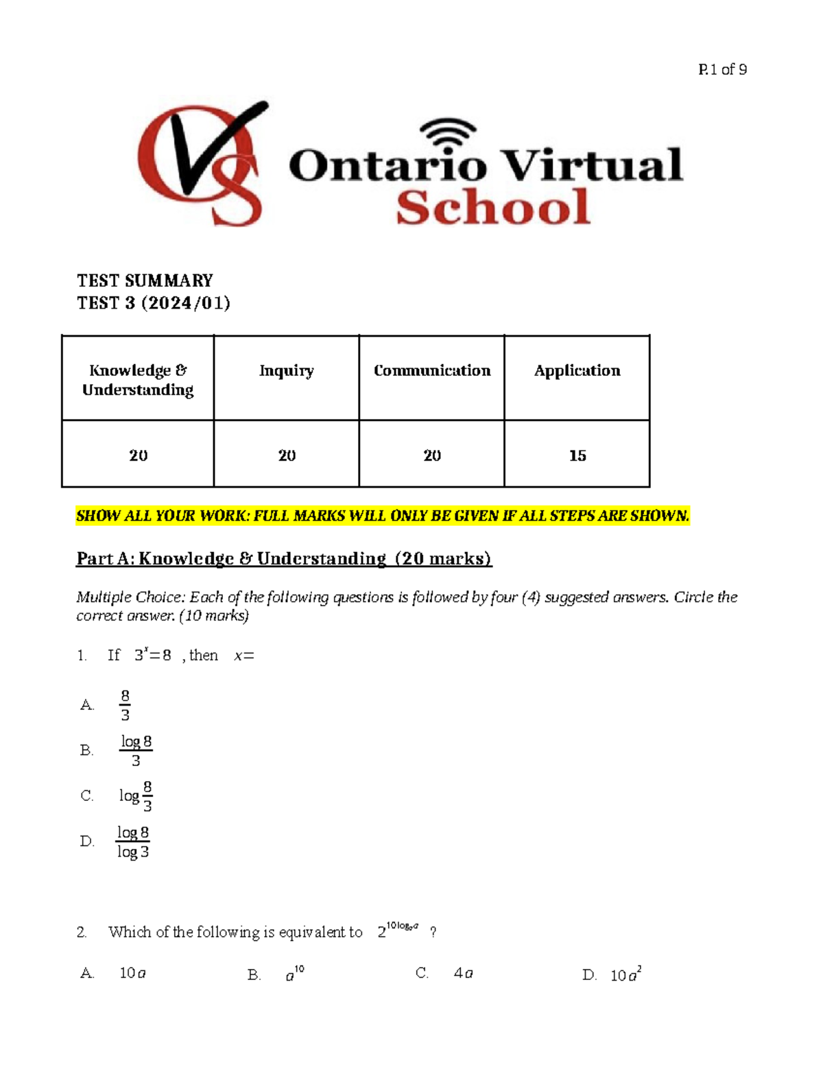 Logorithm Test - Log test - TEST SUMMARY TEST 3 (2024/01) Knowledge ...