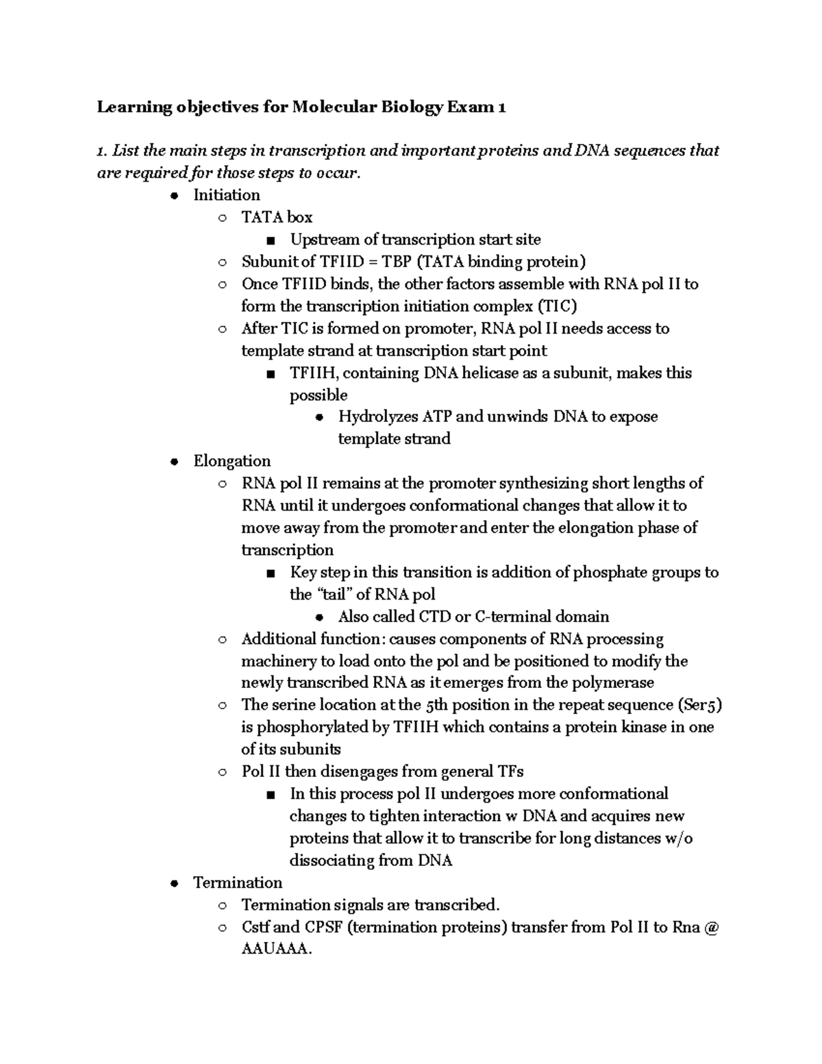 Molecular Biology: Learning Objectives Exam 1 - Learning objectives for ...