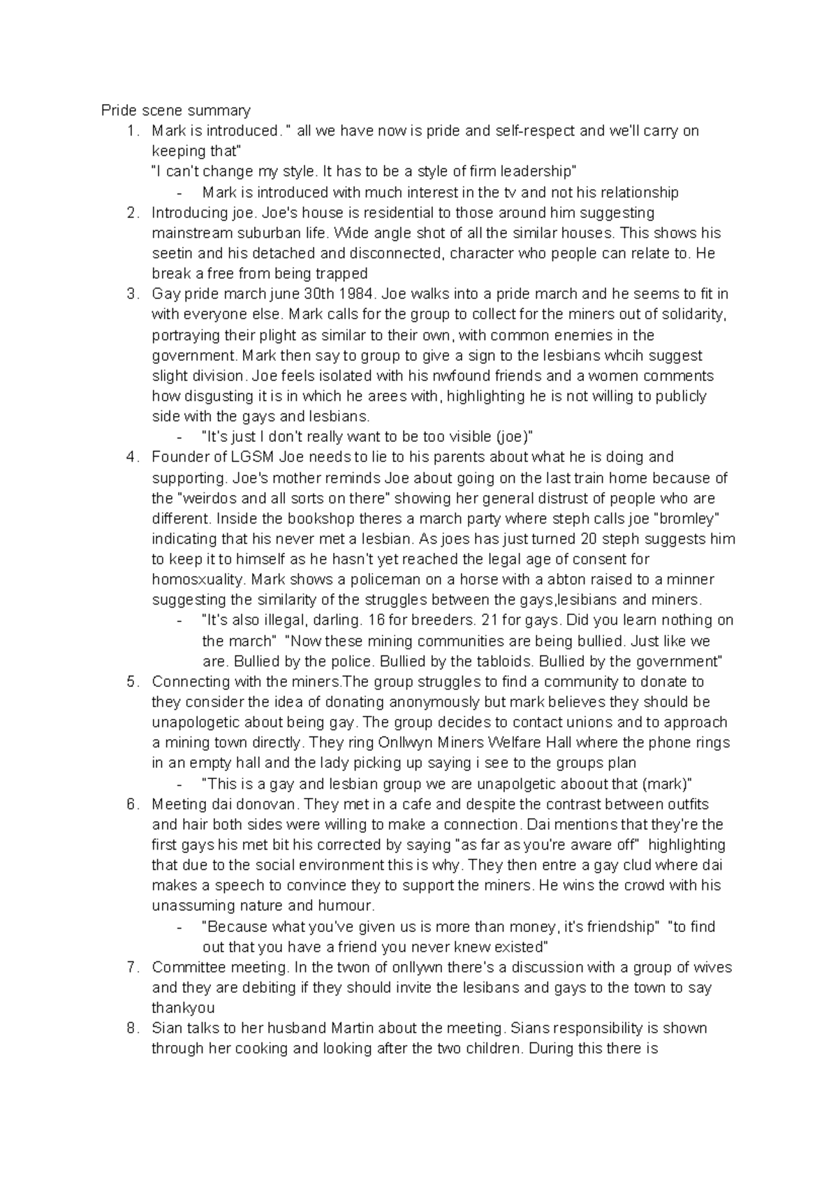 Pride and malala notes - Pride scene summary 1. Mark is introduced ...