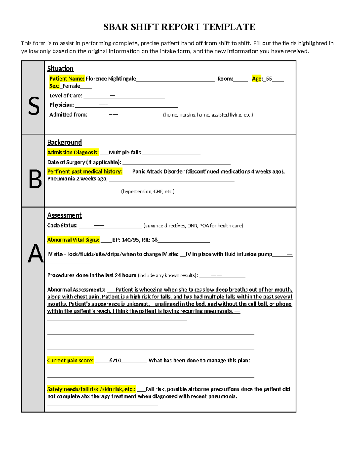 SBAR Template Module 4 - n/a - SBAR SHIFT REPORT TEMPLATE This form is ...