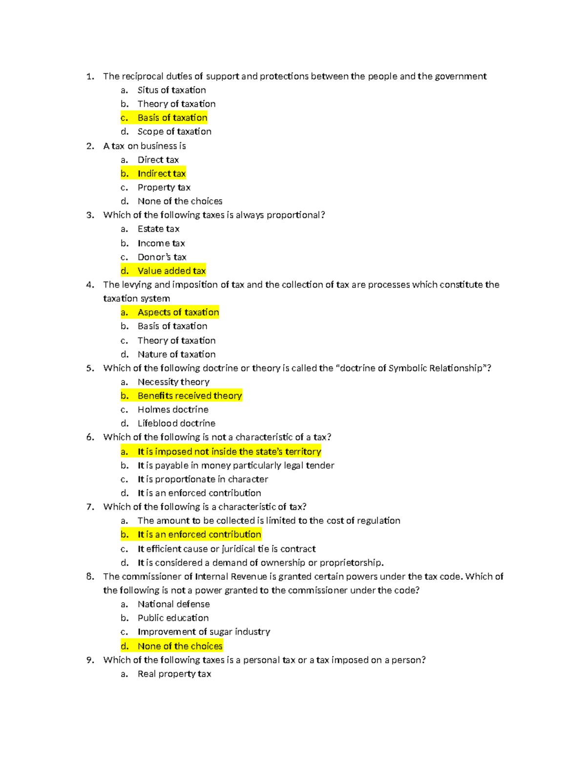Taxation 11 EGC - This is test question only - The reciprocal duties of ...