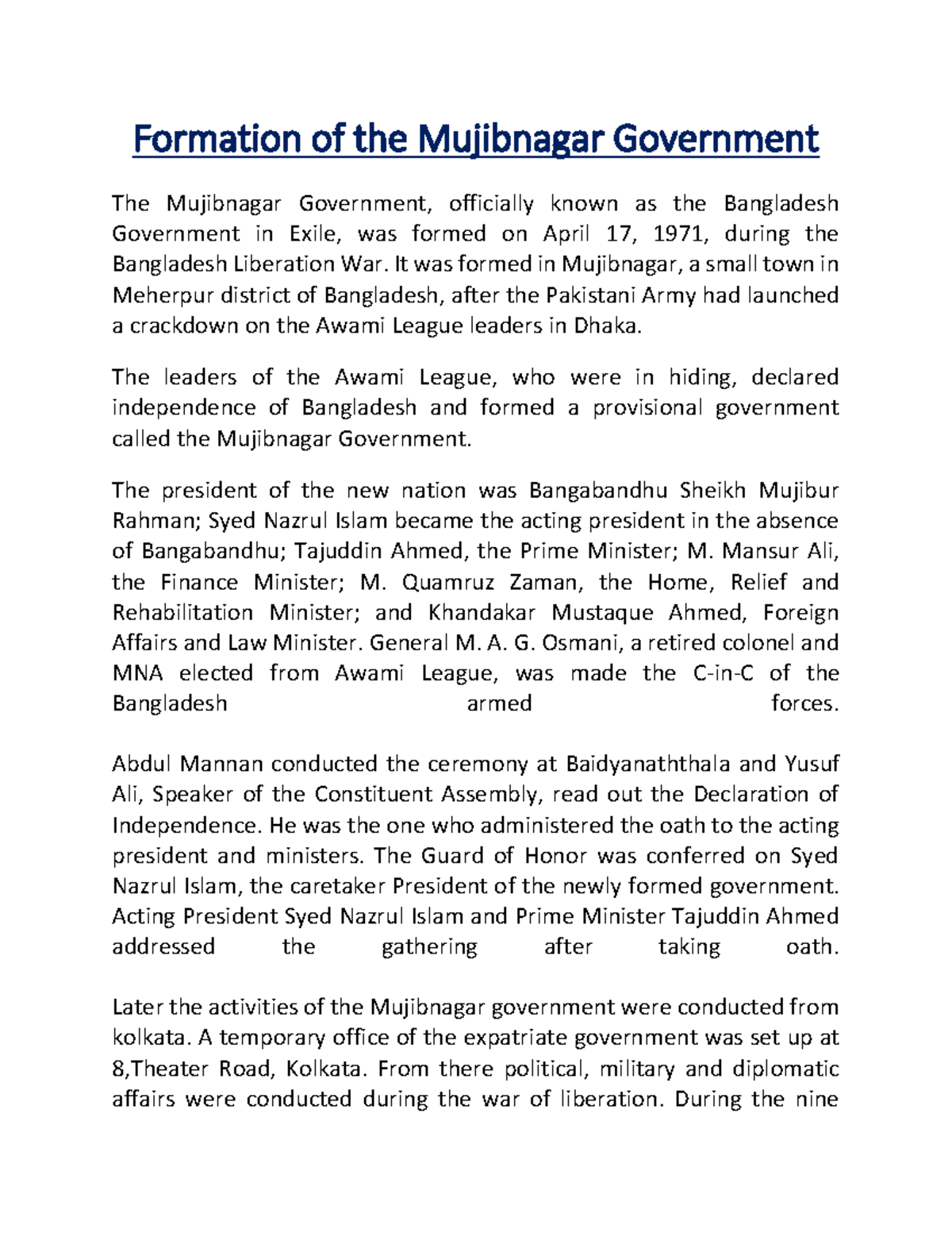 Formation of the Mujibnagar Government - It was formed in Mujibnagar, a ...