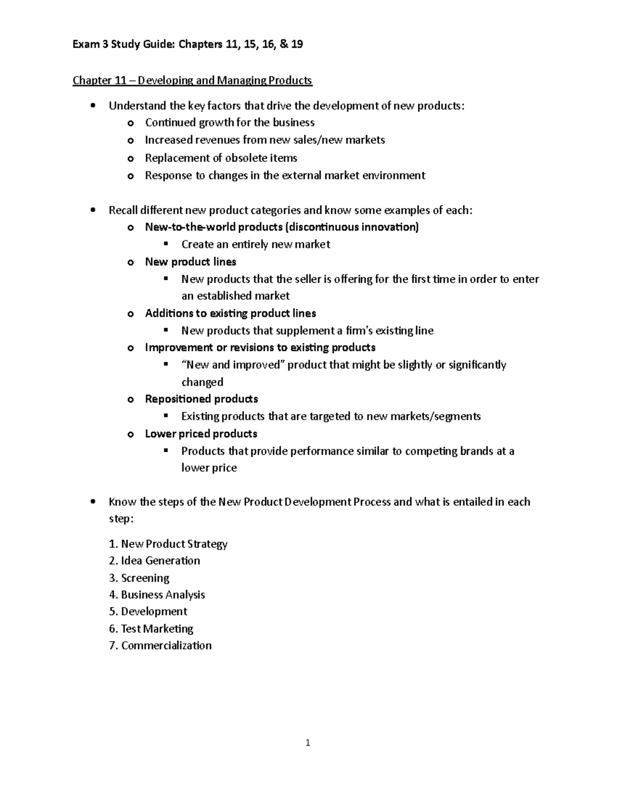 MRKT 303 Exam 3 Study Guide - Chapter 11 – Developing and Managing ...