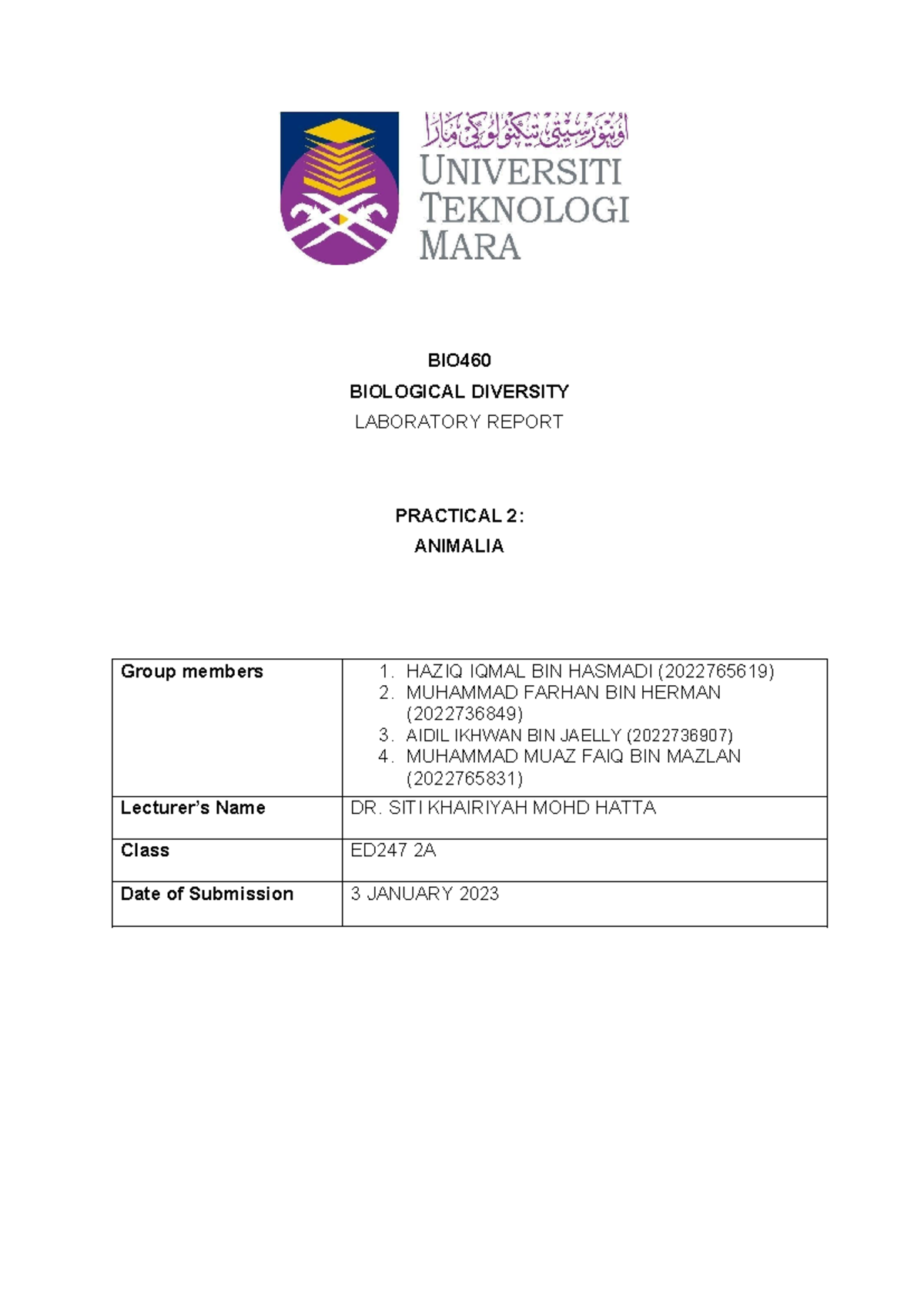 LAB Report BIO460 Practical 2 - BIO BIOLOGICAL DIVERSITY LABORATORY ...