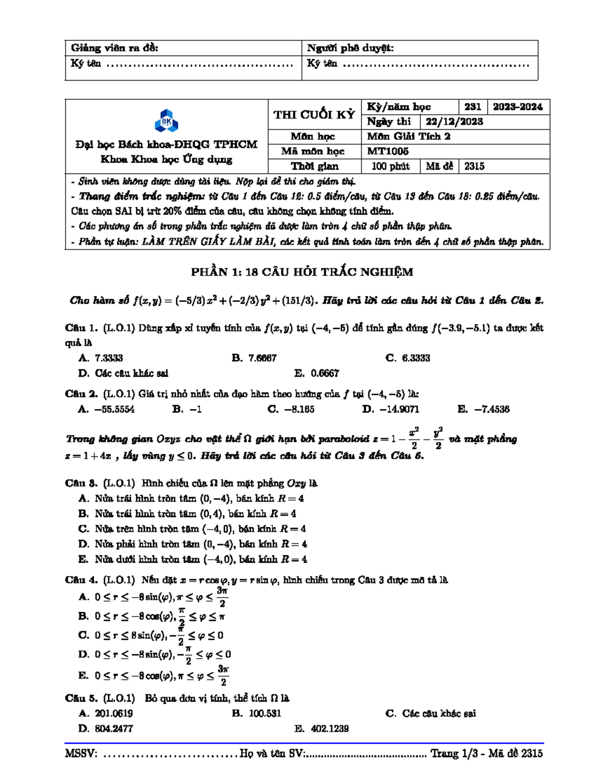 HK231 - Giải tích 2 - Studocu