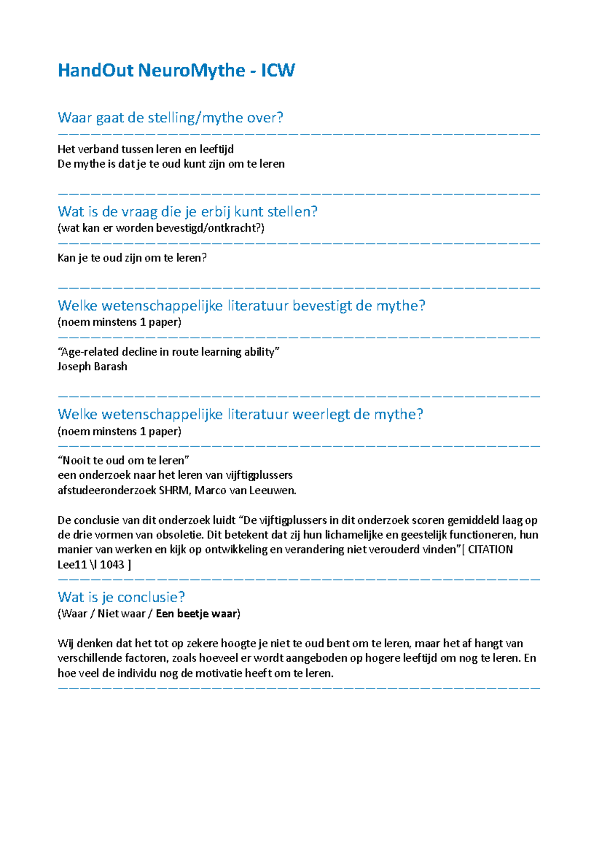 Hand Out Neuromythe - handout mythe opdracht - HandOut NeuroMythe - ICW ...