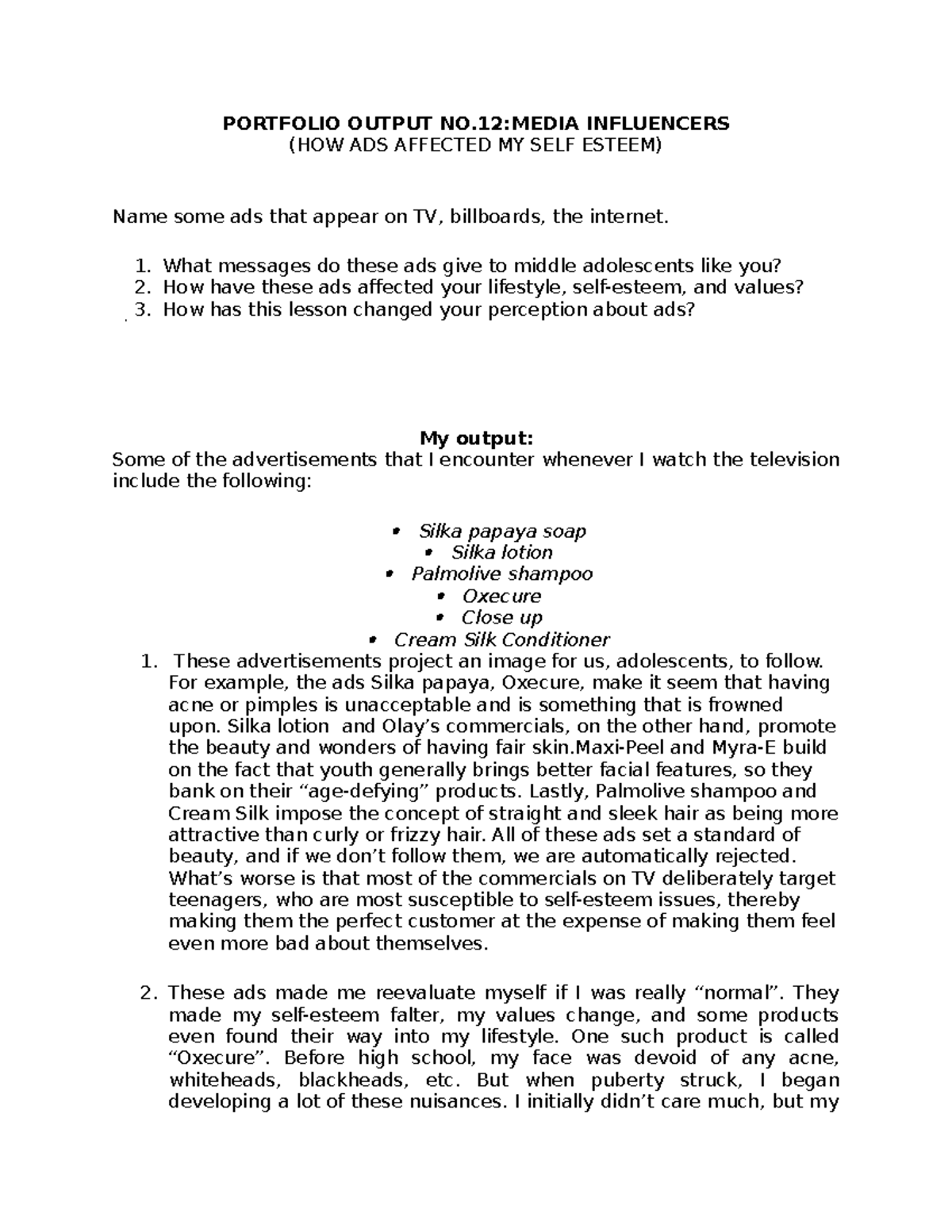 Portfolio Output NO - PORTFOLIO OUTPUT NO:MEDIA INFLUENCERS (HOW ADS AFFECTED MY SELF ESTEEM ...