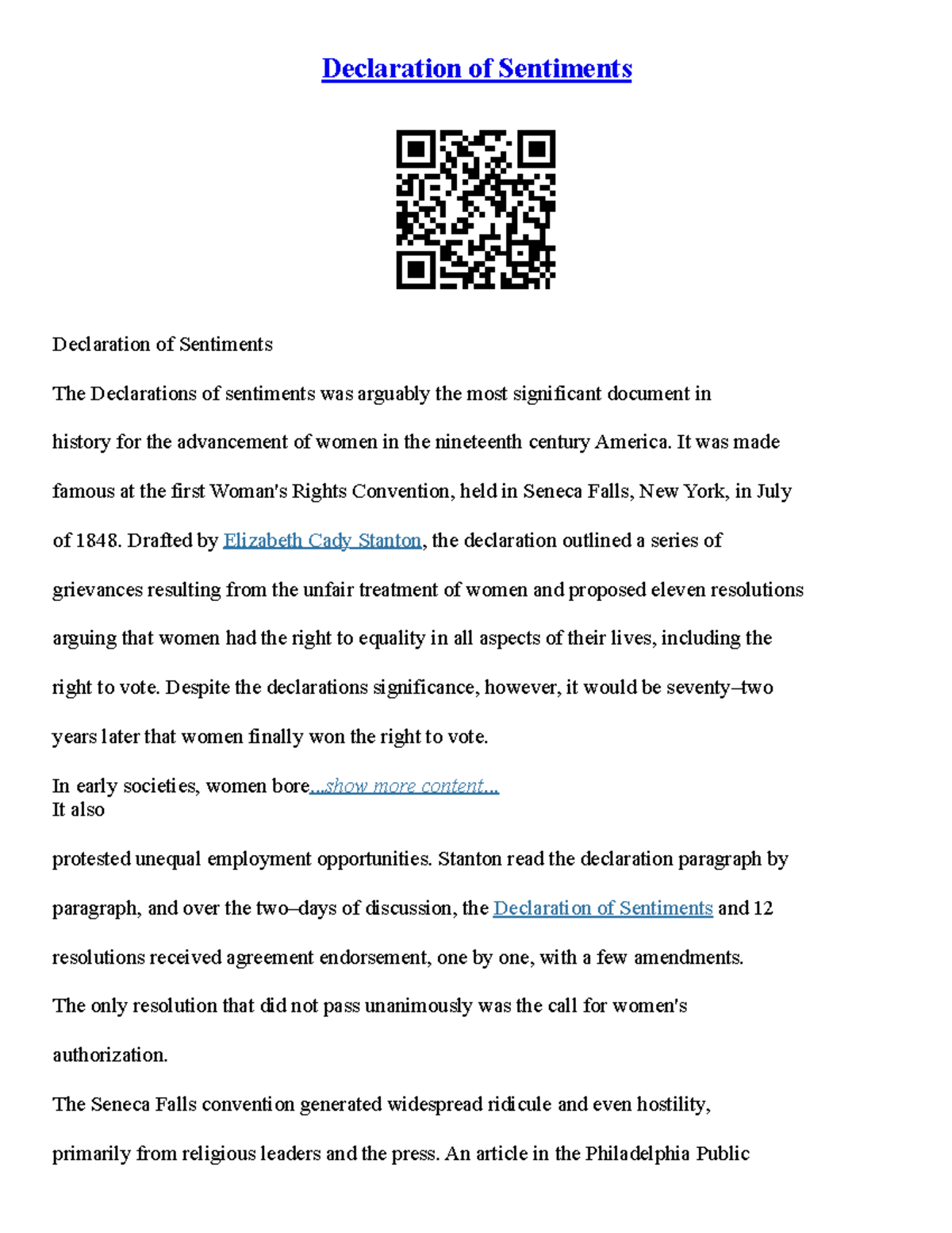 Declaration Of Sentiments Essay - Declaration of Sentiments Declaration ...