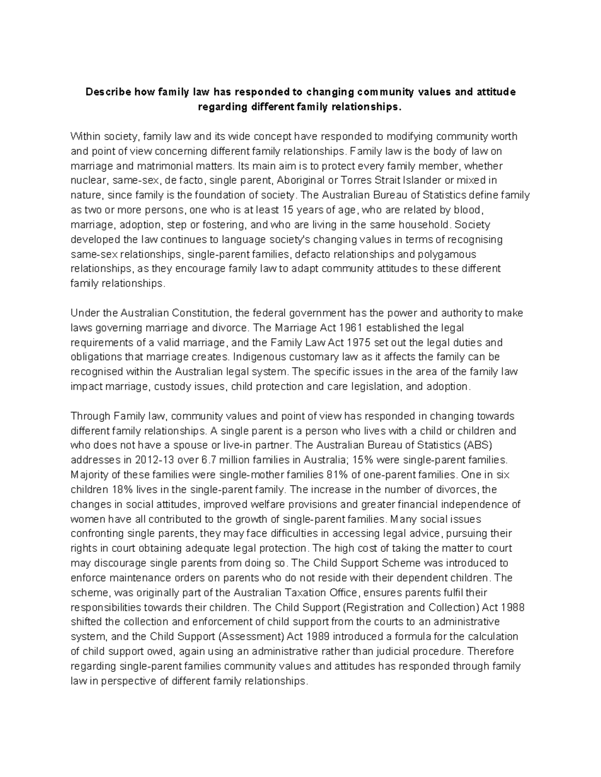 Family Law Essay - UOW - Describe how family law has responded to ...