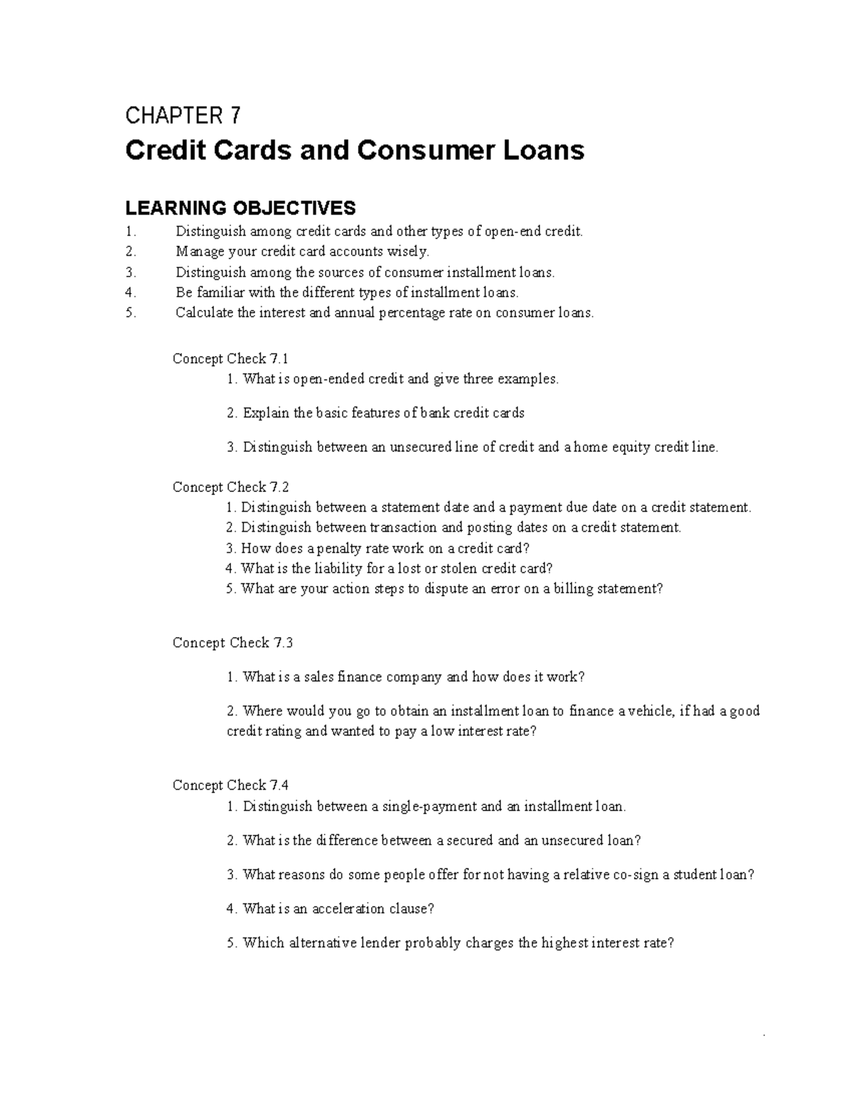 Chapter 7 LO and Exercises-1 - CHAPTER 7 Credit Cards and Consumer ...