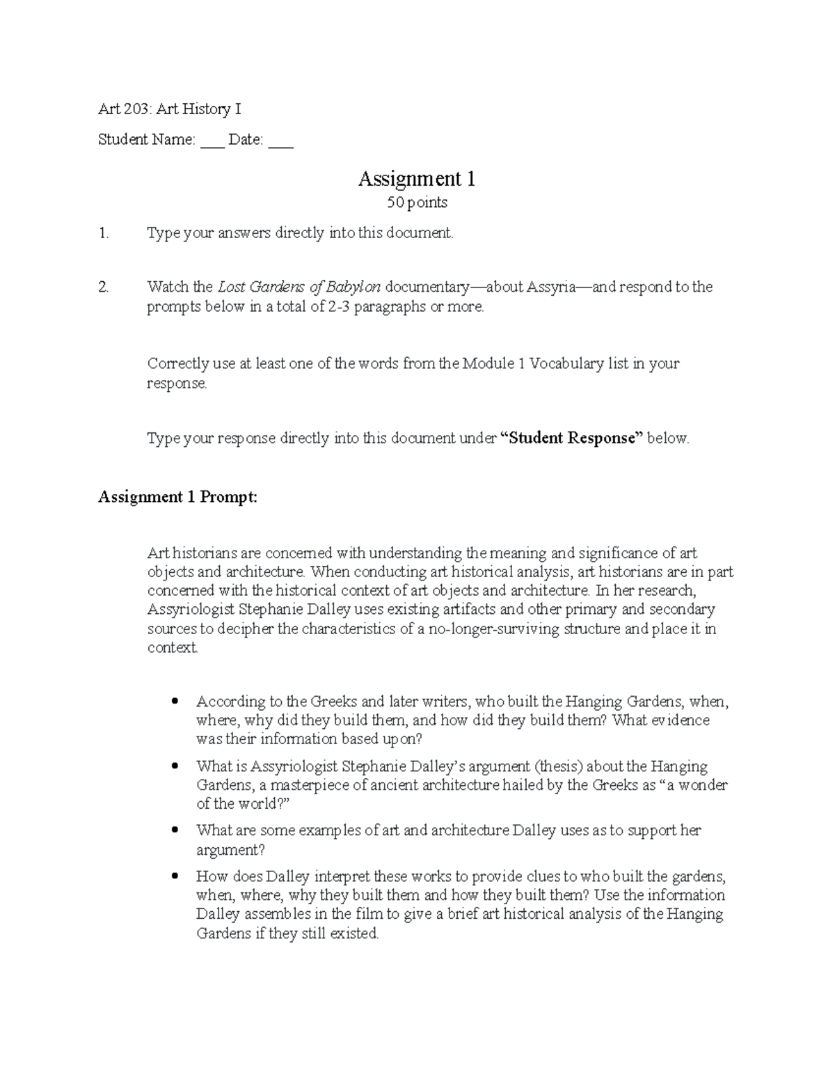 Art203Assignment 1 - Assignment for art history 1 - Art 203: Art ...