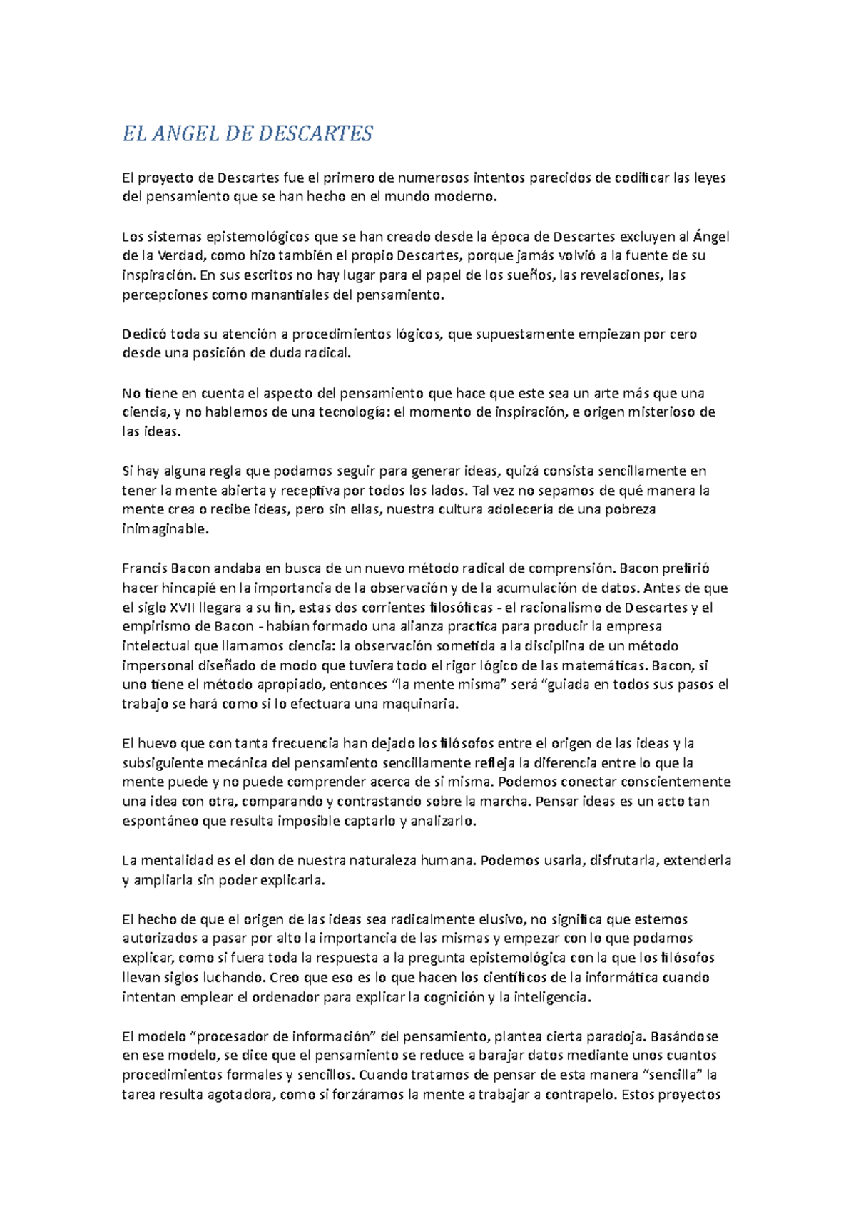 EL Angel DE Descartes Explicación - EL ANGEL DE DESCARTES El proyecto ...