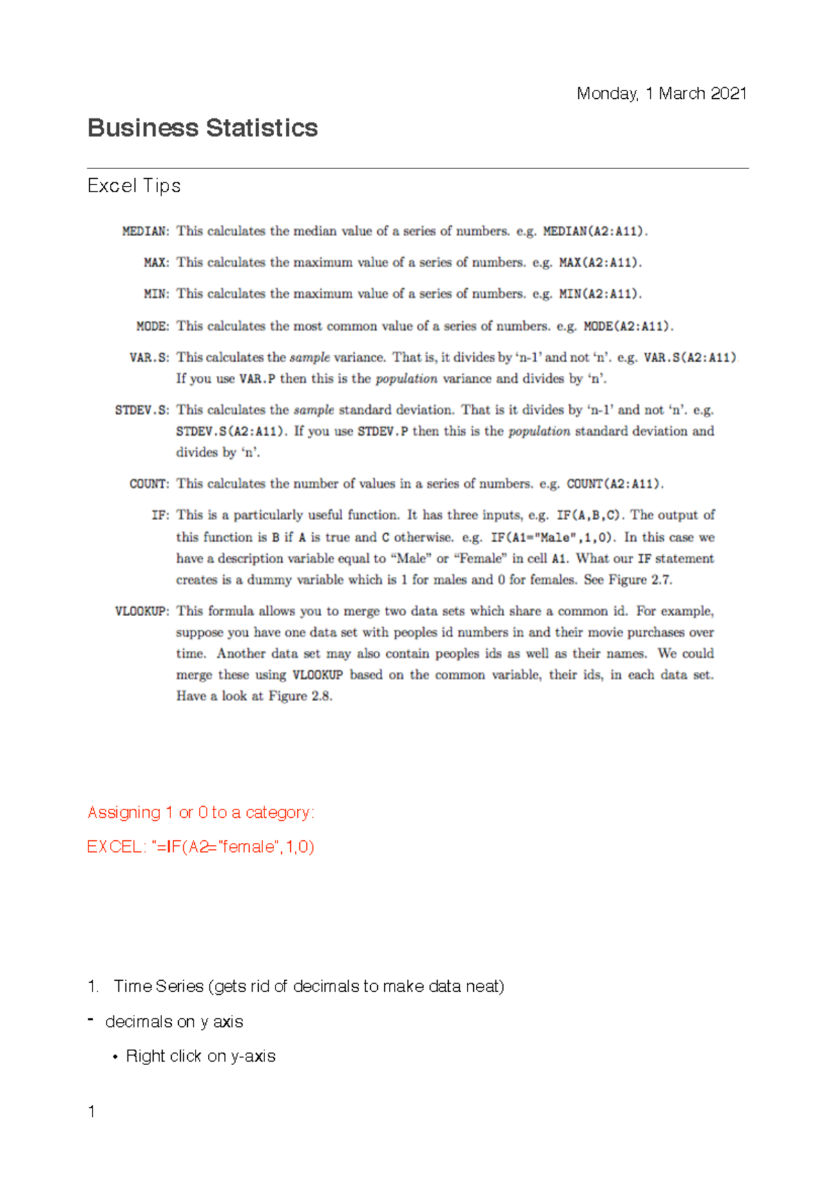 Bus stats notes - Business Statistics Excel Tips Assigning 1 or 0 to a ...