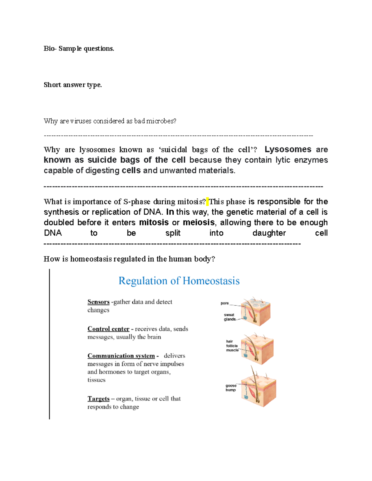 Bio Revision Questions - Bio- Sample questions. Short answer type. Why ...