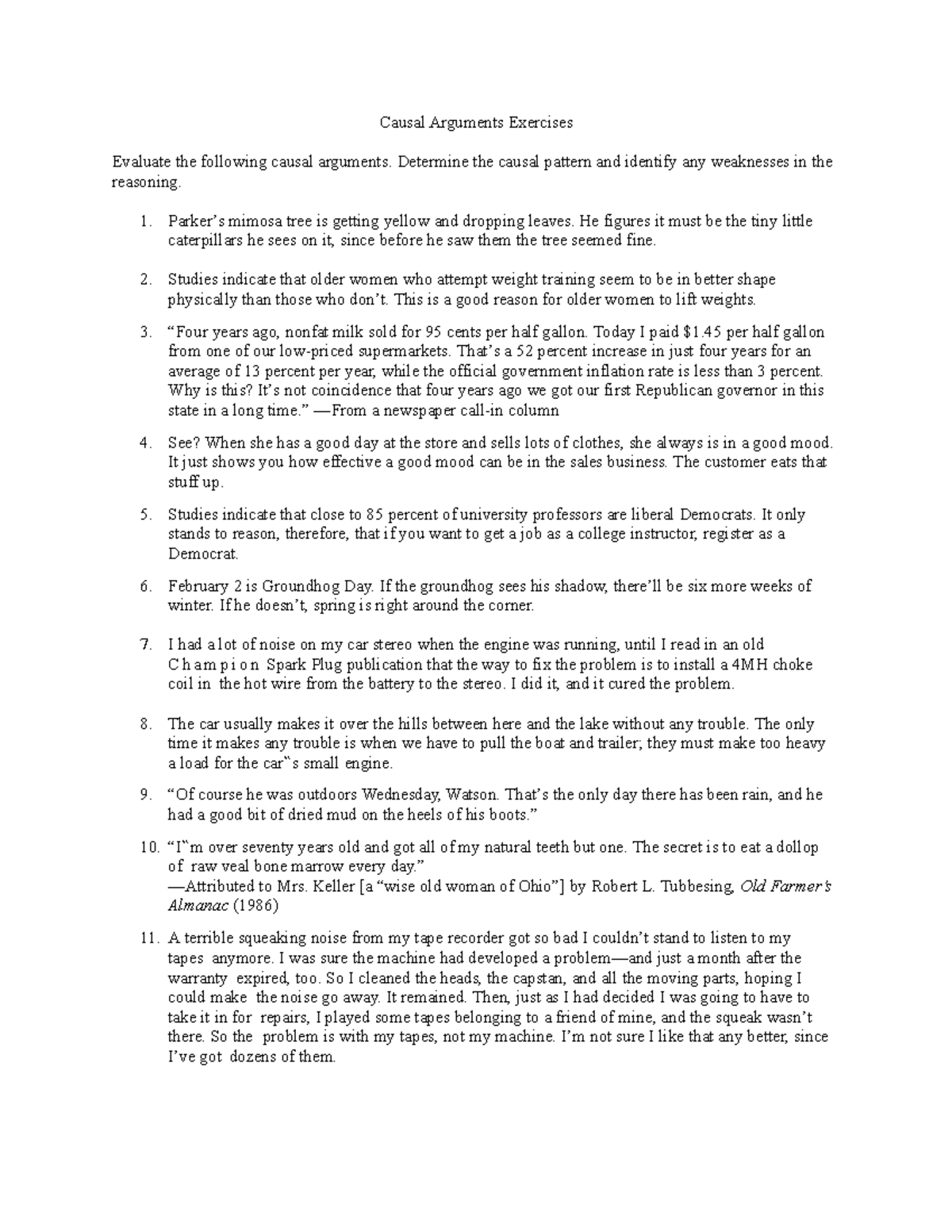 Causal Arguments Exercises Causal Arguments Exercises Evaluate The Following Causal Arguments