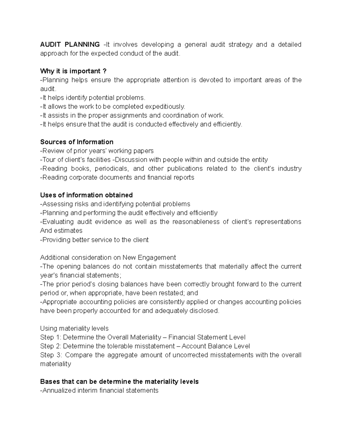 Notes on Audit Planning - AUDIT PLANNING -It involves developing a ...