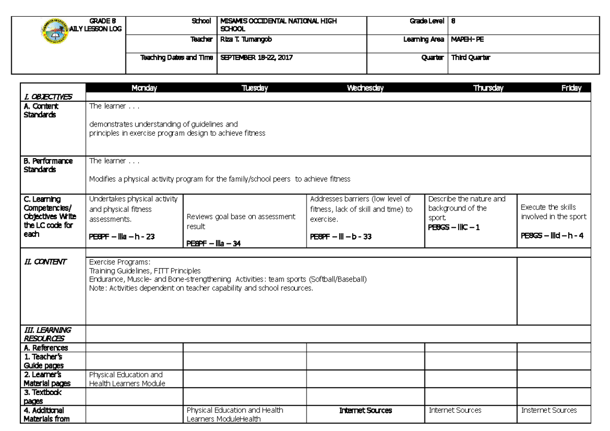 DLL Grade 8 PE December 4 - 8, 2017 - GRADE 8 DAILY LESSON LOG School ...