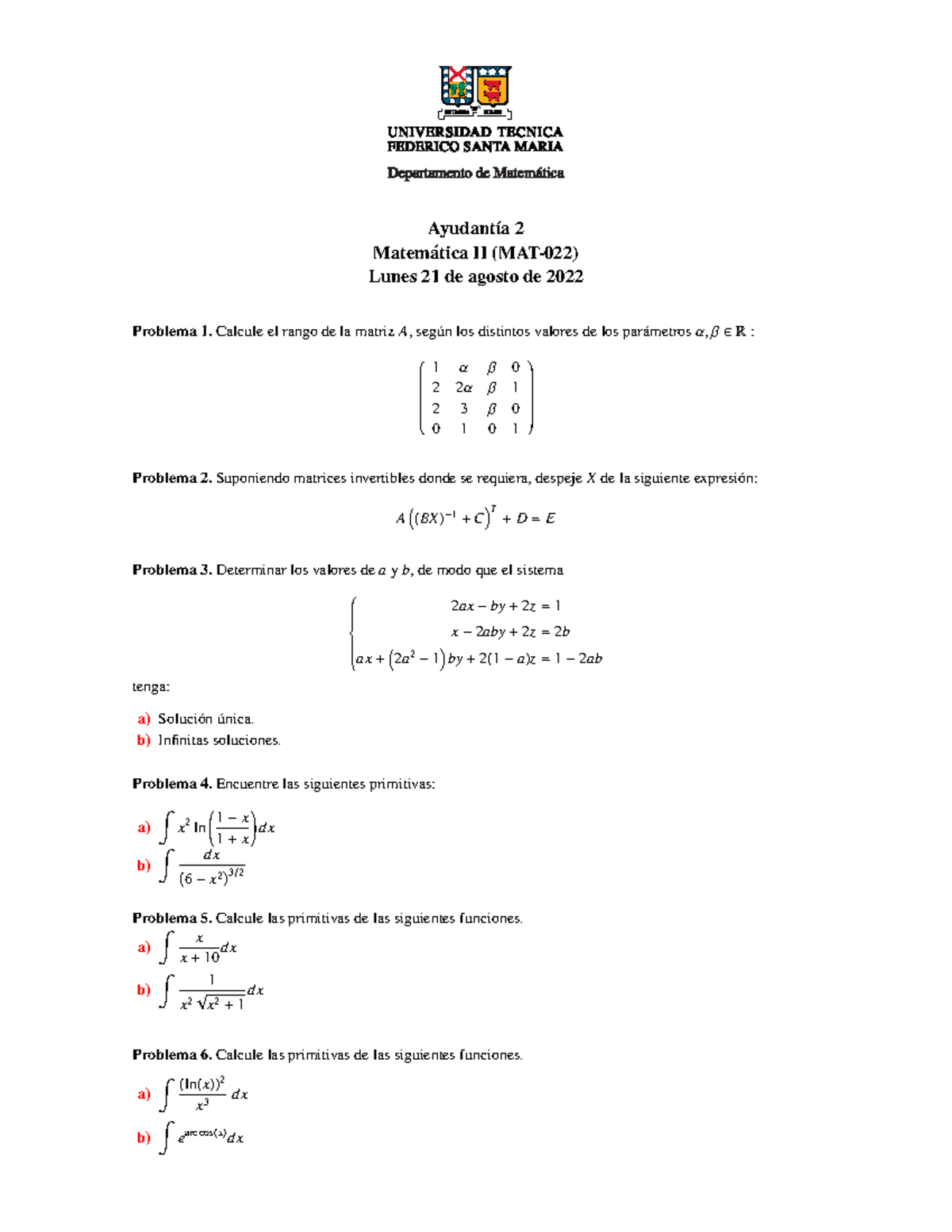 Ayud2 - ayudantía (pauta) - Ayudant ́ıa 2 Matem ́atica II (MAT-022) Lunes 21 de agosto de 2022 ...