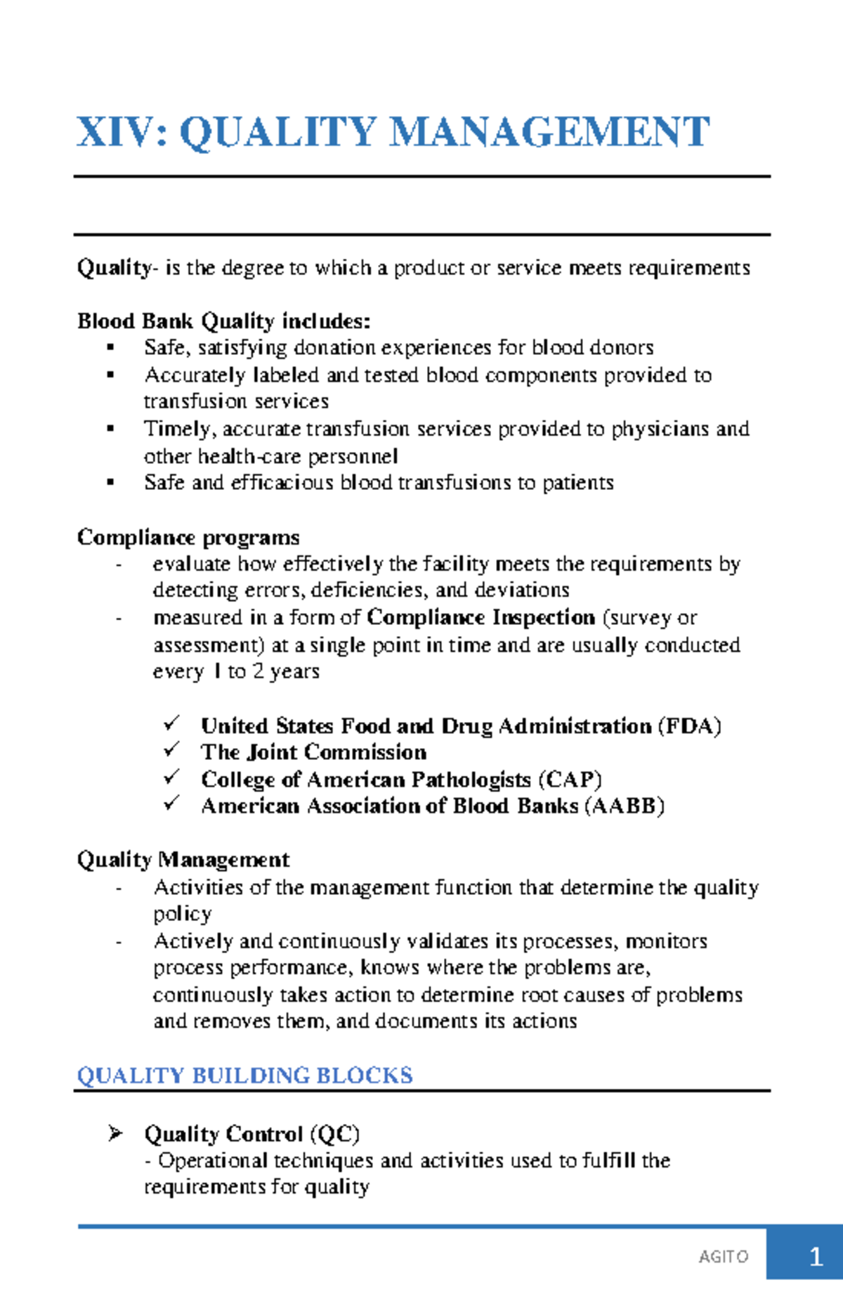 14 Quality - summaries - XIV: QUALITY MANAGEMENT Quality- is the degree ...