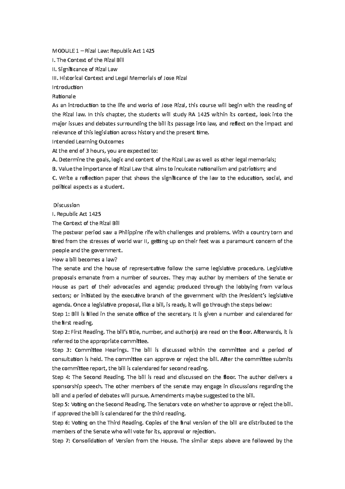 Module 1 – Riza - MODULE 1 – Rizal Law: Republic Act 1425 I. The ...