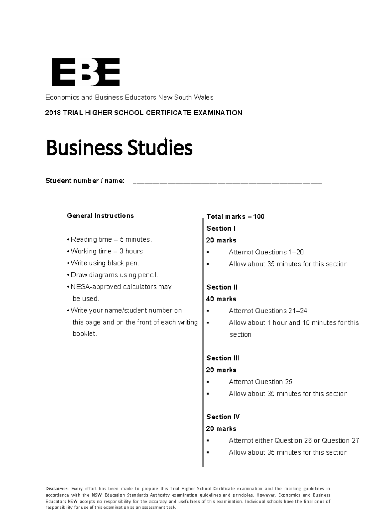 2018 EBE HSC Trial Exam - Business Studies Paper - Disclaimer: Every ...