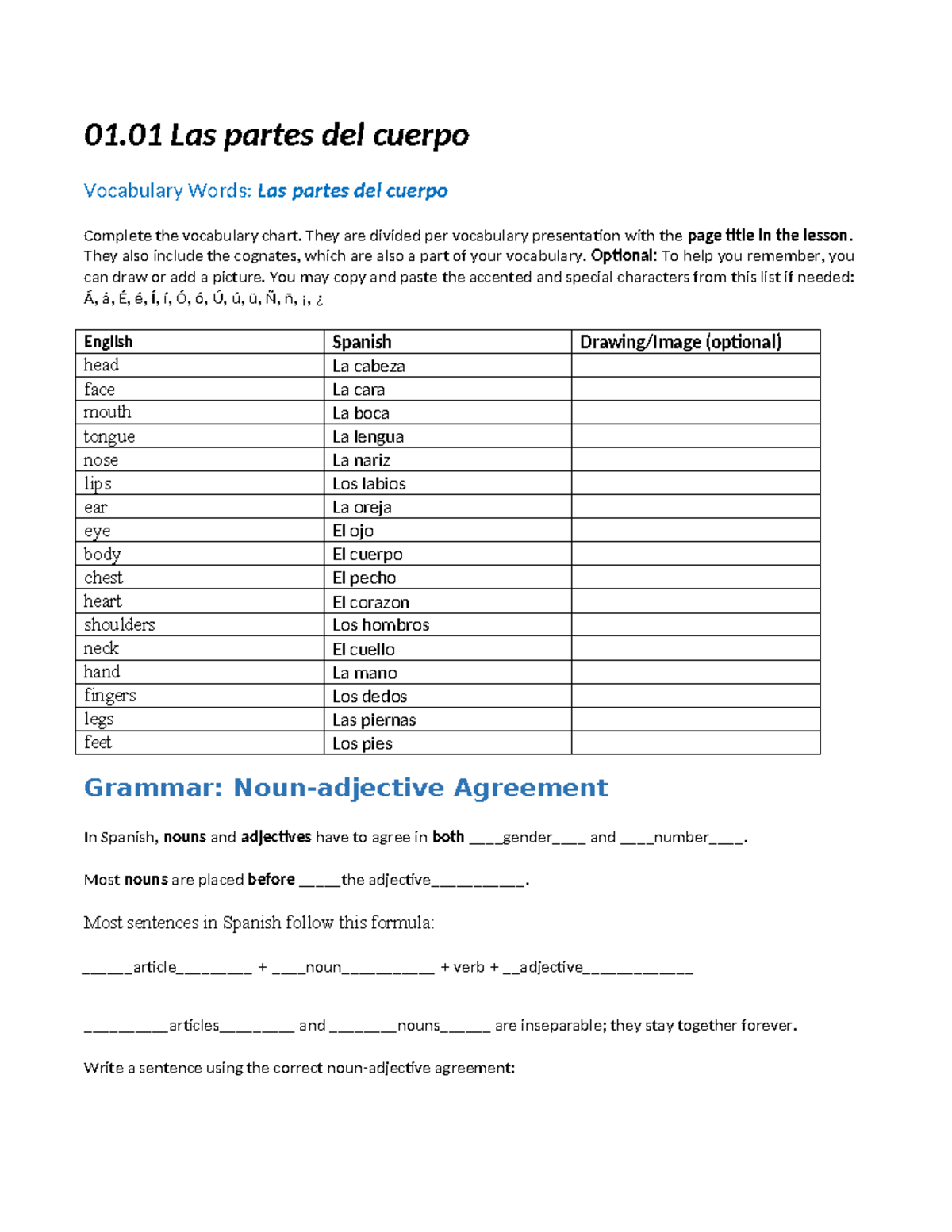01 01 notes - Student note guides - 01 Las partes del cuerpo Vocabulary ...